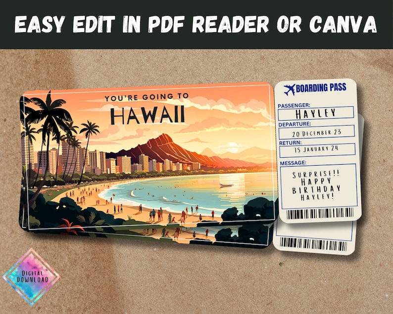 Hawaii Trip Surprise Gift Ticket: Editable Boarding Pass (printable ...