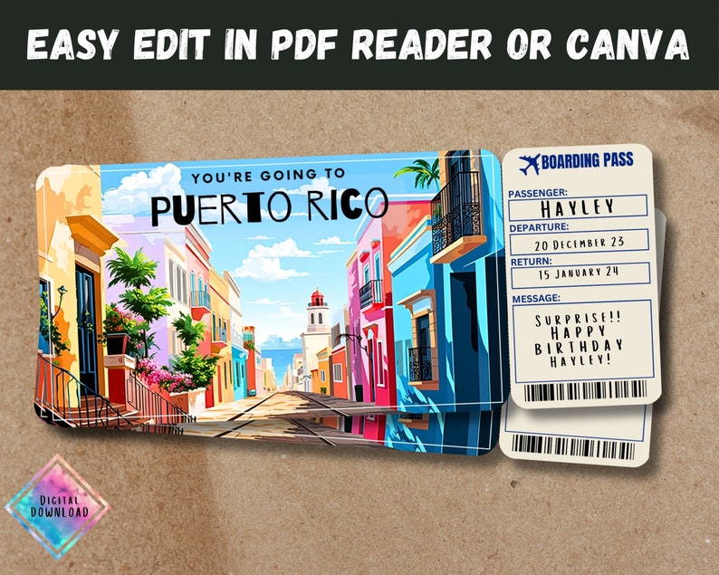 Puerto Rico Trip Surprise Ticket: Editable Boarding Pass (printable) - Etsy