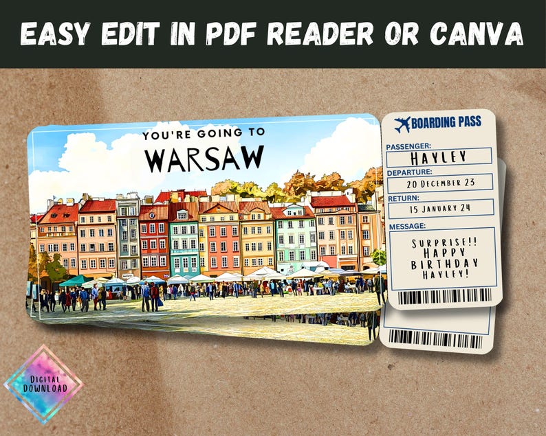 Warsaw Trip Surprise Gift Ticket: Editable Boarding Pass (printable) - Etsy