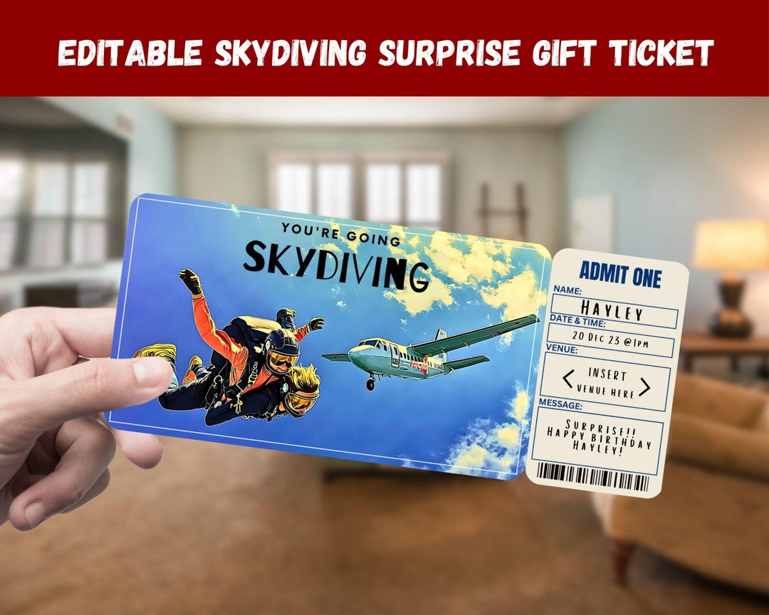 Skydiving Surprise Gift Ticket You're Going SKYDIVING Printable, Pass ...