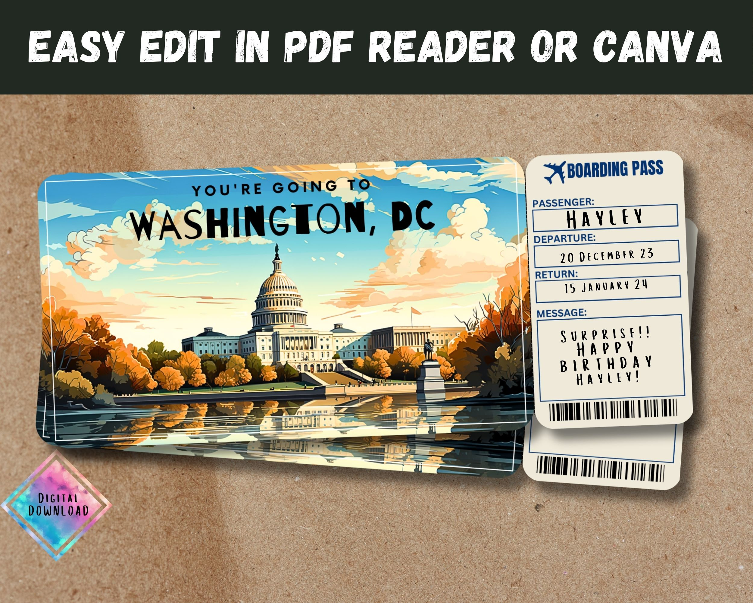 Washington DC Trip Boarding Pass - Surprise Travel Gift (printable) - Etsy