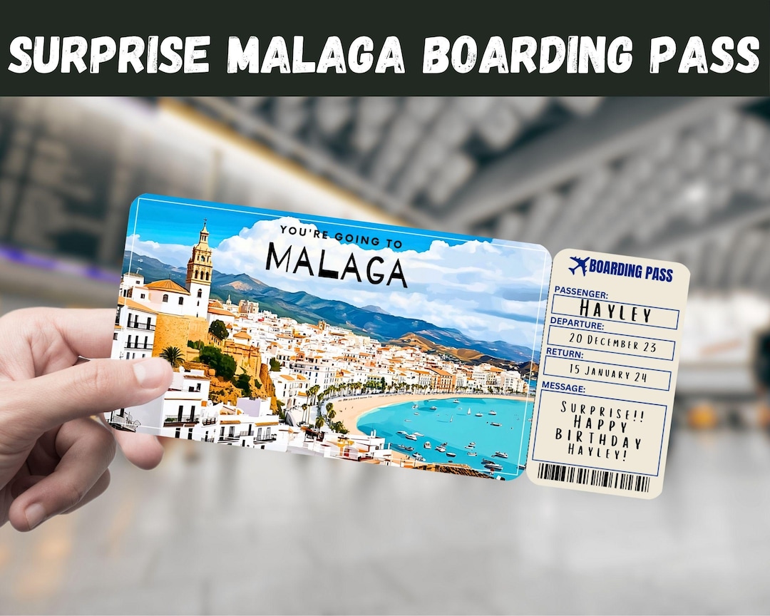 Malaga, Spain Surprise Trip Ticket: Printable Boarding Pass (editable ...
