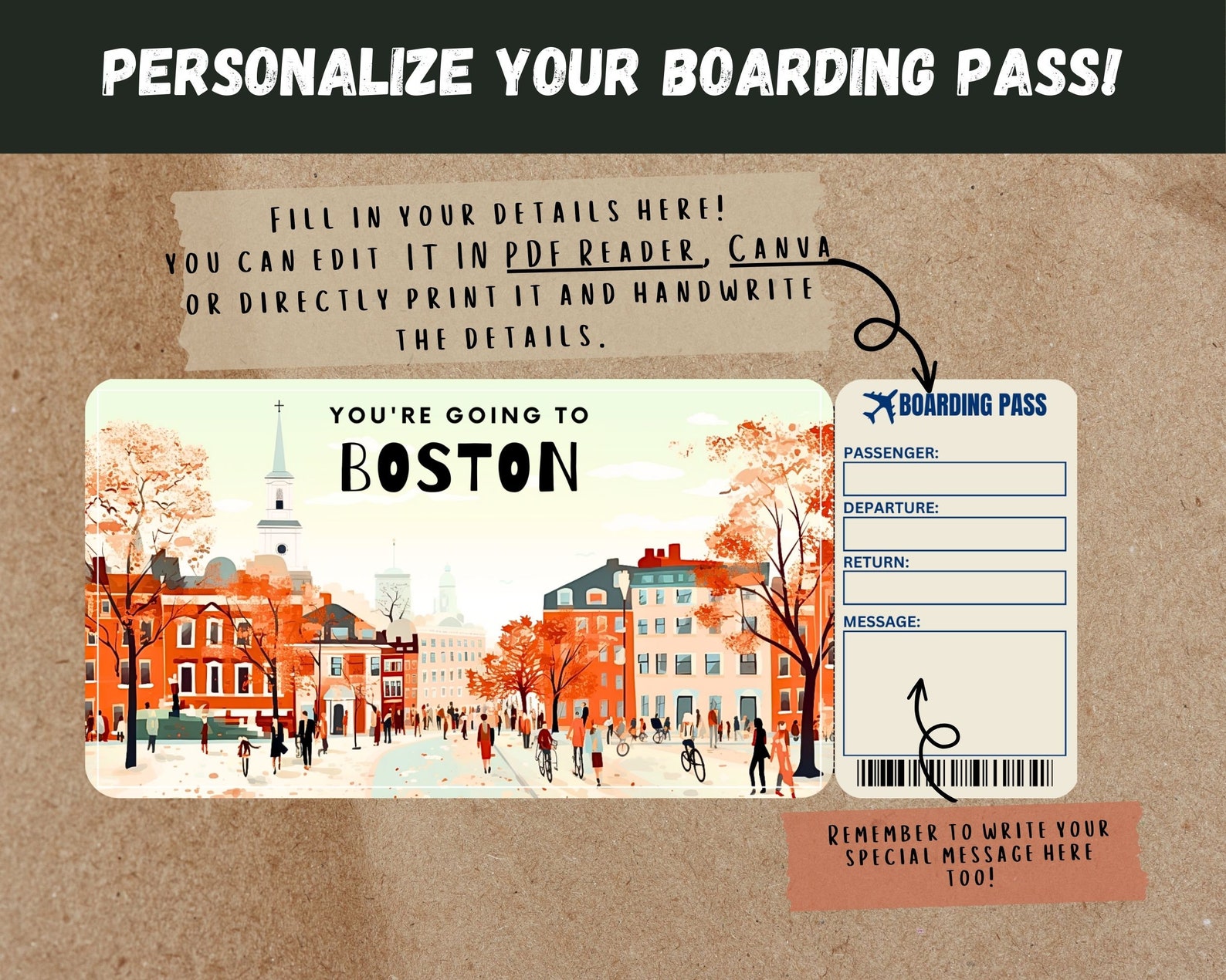Boston Trip Surprise Gift Ticket: Editable Boarding Pass (printable PDF ...