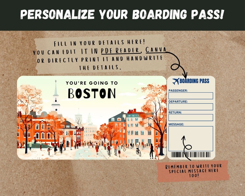 Boston Trip Surprise Gift Ticket: Editable Boarding Pass (printable PDF ...