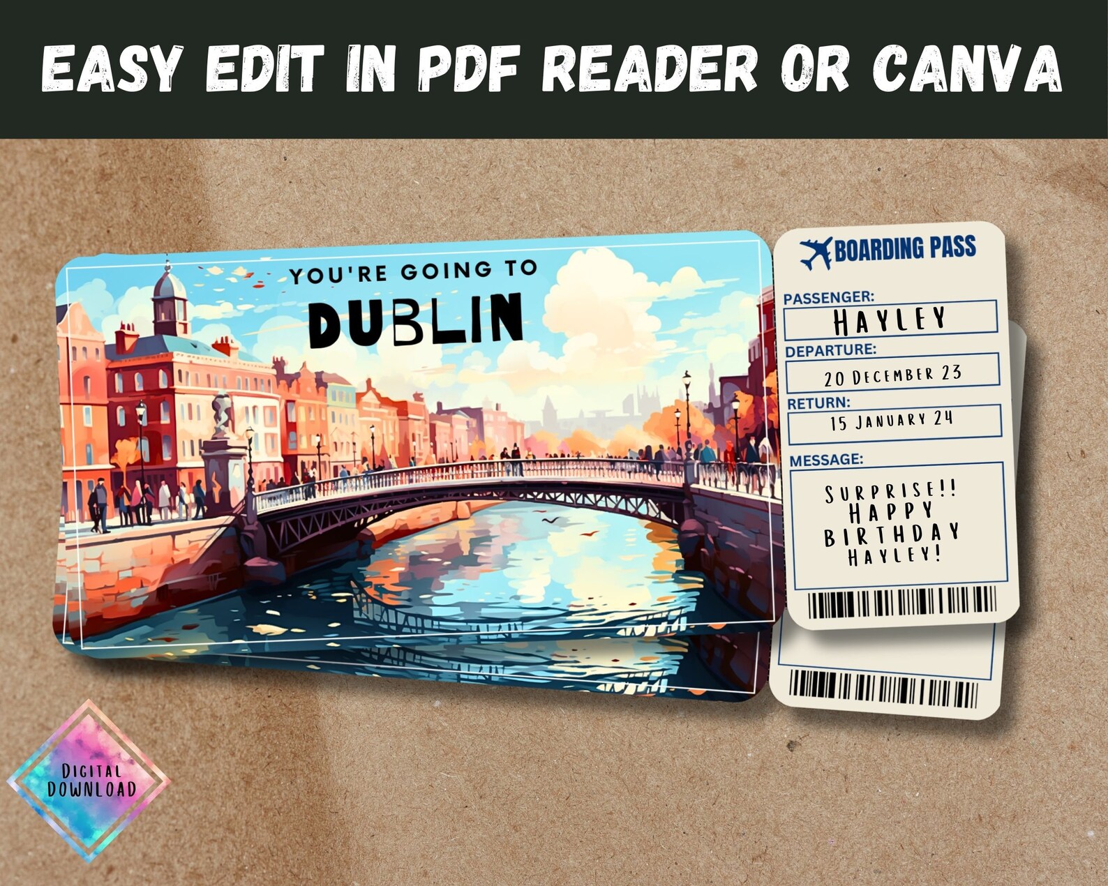 Dublin Surprise Trip Gift Ticket: Editable Boarding Pass (printable) - Etsy