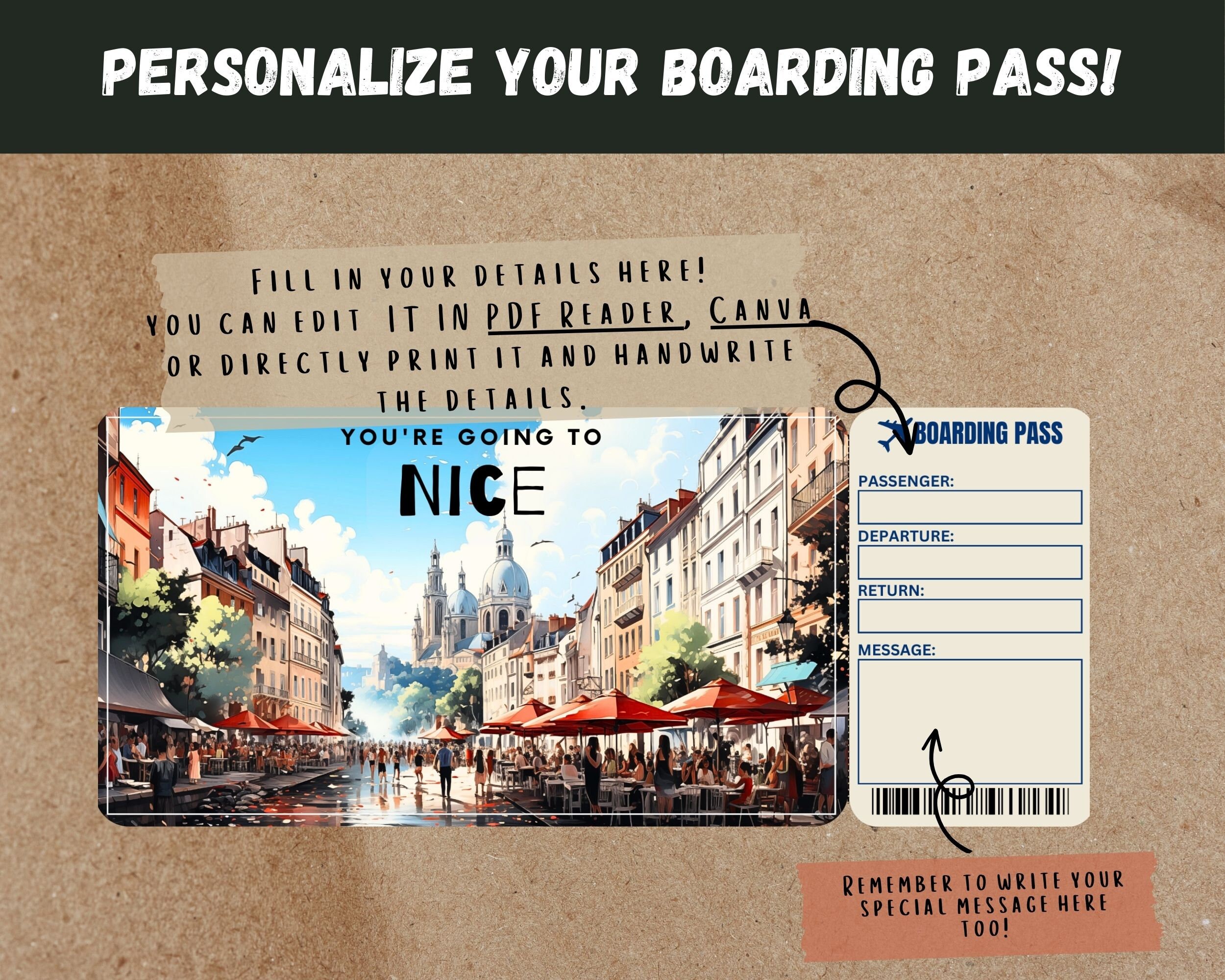 Nice, France Trip Surprise Gift Ticket: Editable Boarding Pass (digital ...
