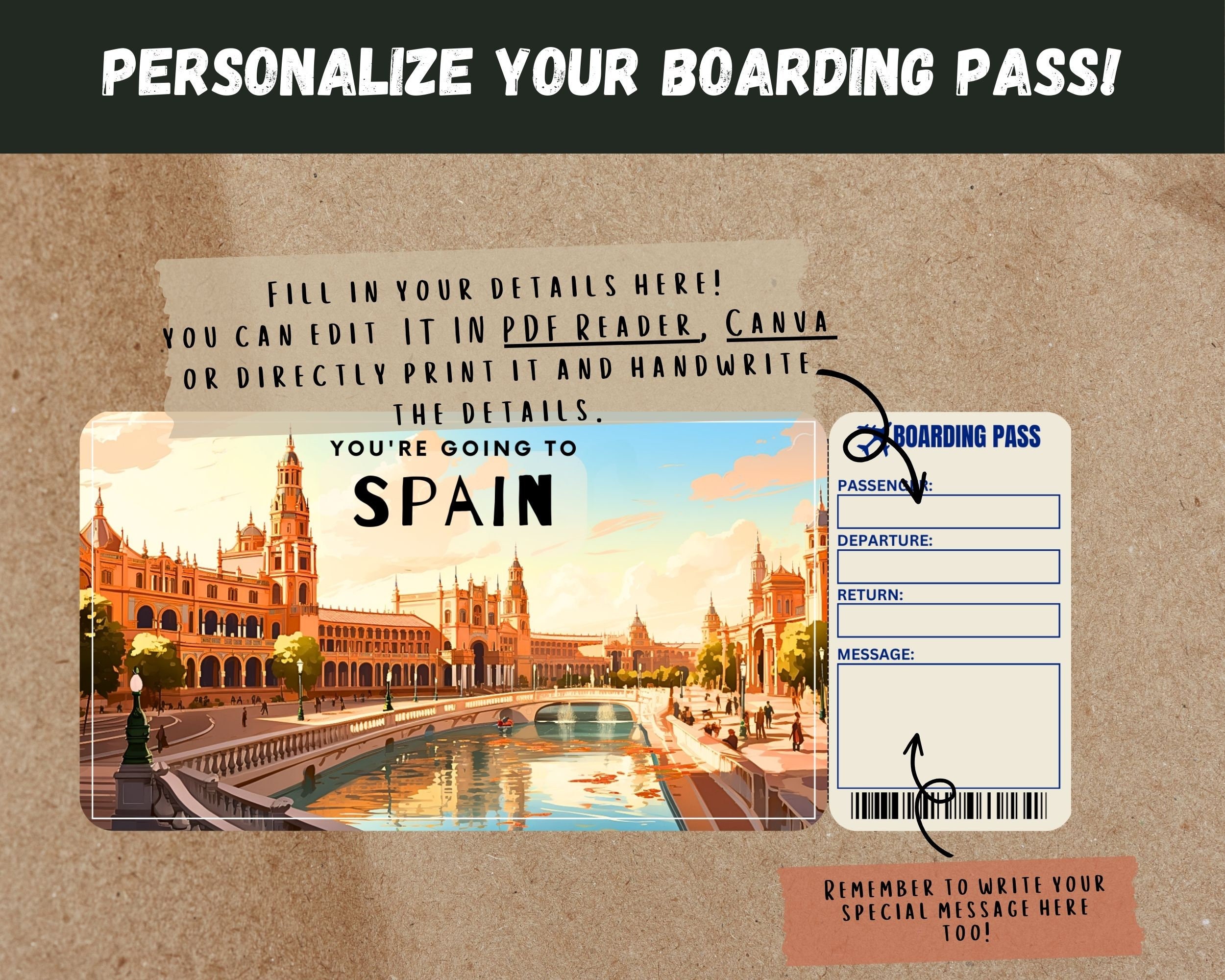 Spain Trip Surprise Boarding Pass Ticket: Editable Travel Gift (digital ...