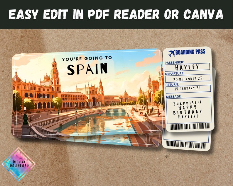 Spain Trip Surprise Boarding Pass Ticket: Editable Travel Gift (digital ...