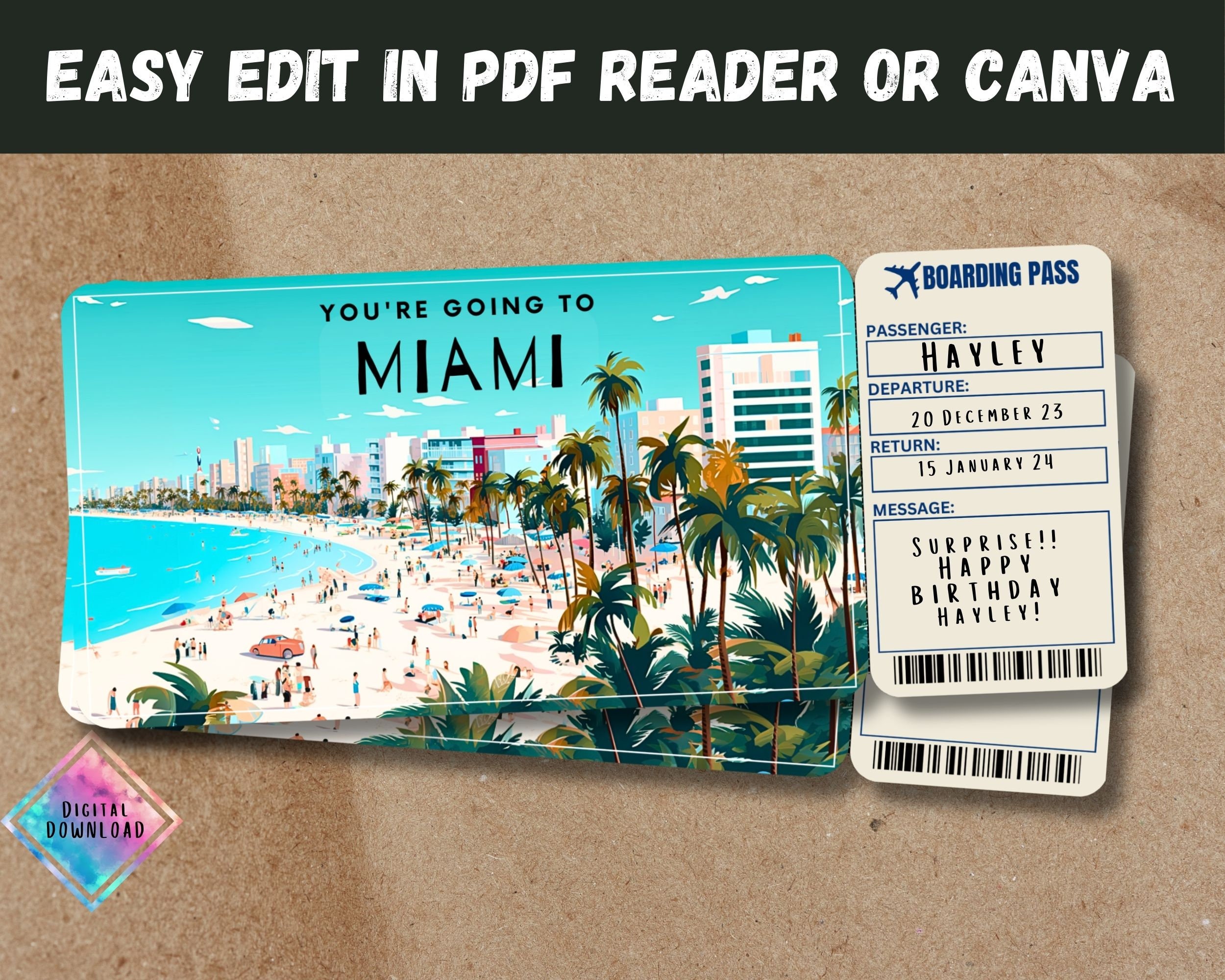 Miami FL USA Trip Surprise Gift Ticket You're Going to MIAMI Printable ...