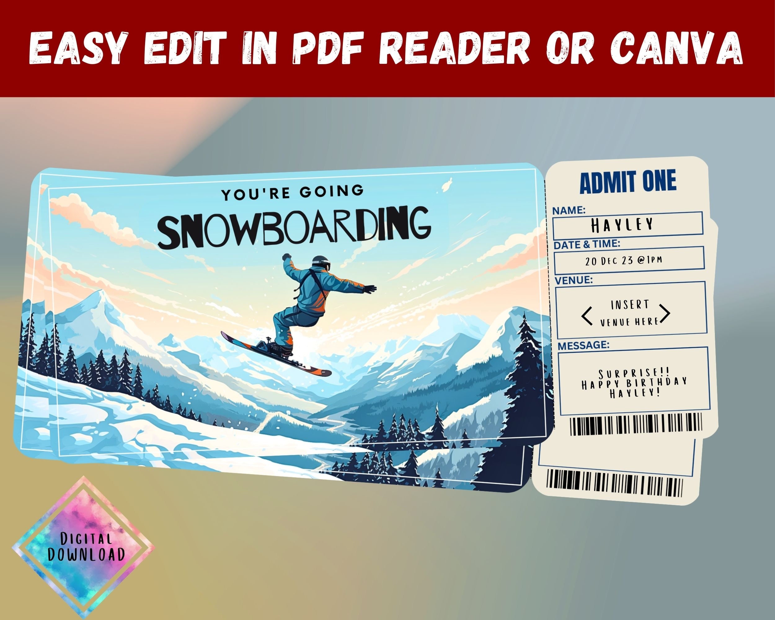 Snowboarding Surprise Gift Ticket: Printable Invitation (editable ...