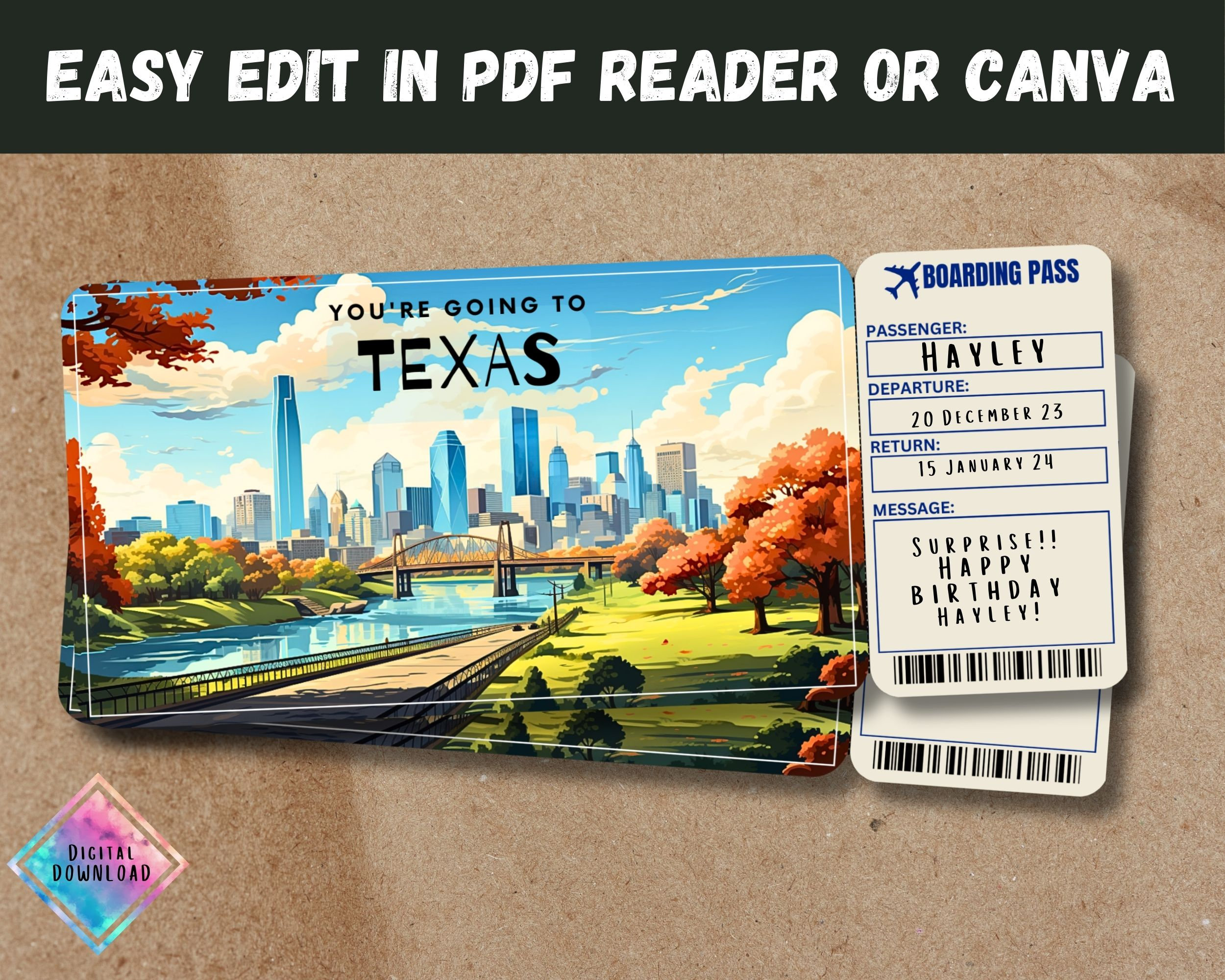 Texas USA Trip Surprise Gift Ticket You're Going to TEXAS Printable ...