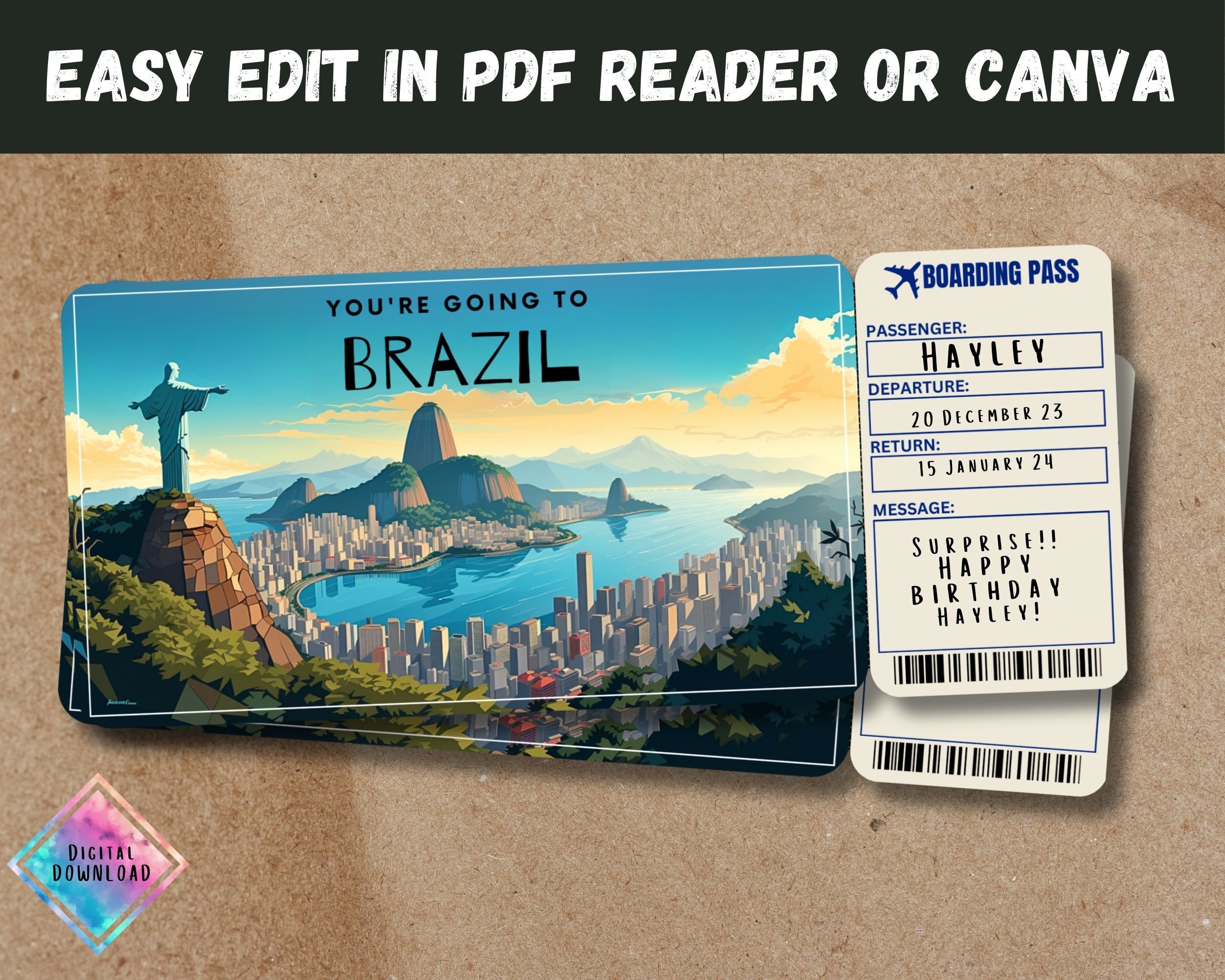 Brazil Trip Surprise Gift Ticket You're Going to BRAZIL Printable ...
