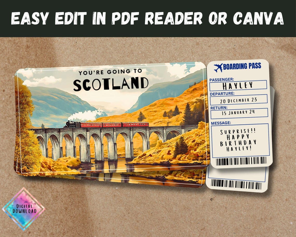 Surprise Scotland Trip Ticket: Editable Boarding Pass (digital Download ...