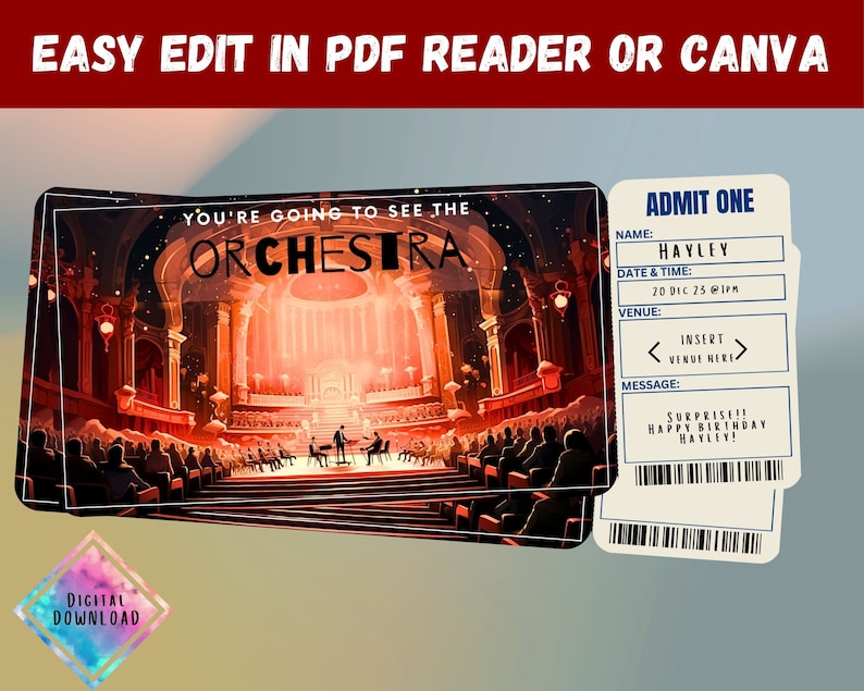 Editable Orchestra Gift Ticket: Printable Surprise Pass (instant ...