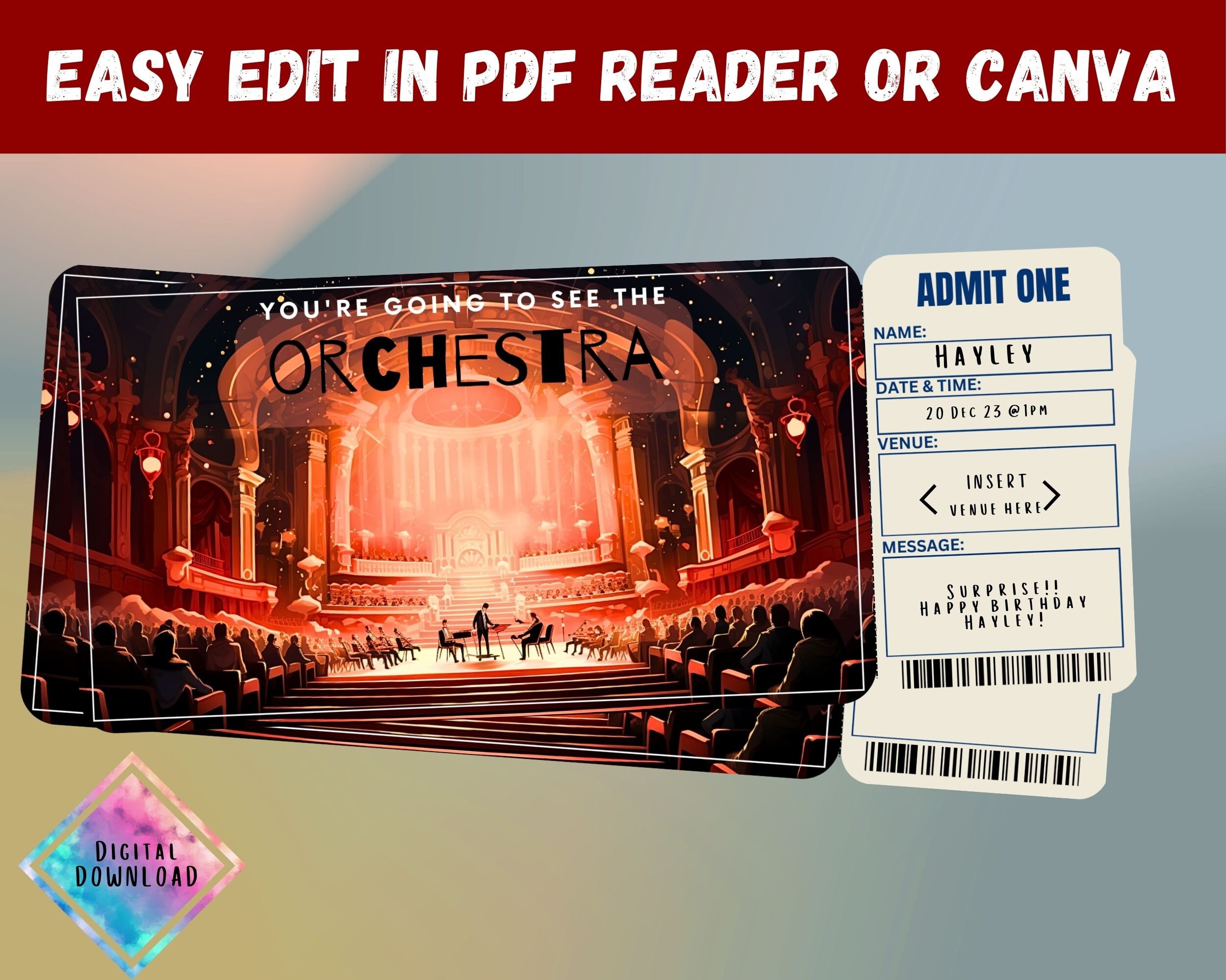 Editable Orchestra Gift Ticket: Printable Surprise Pass (instant ...