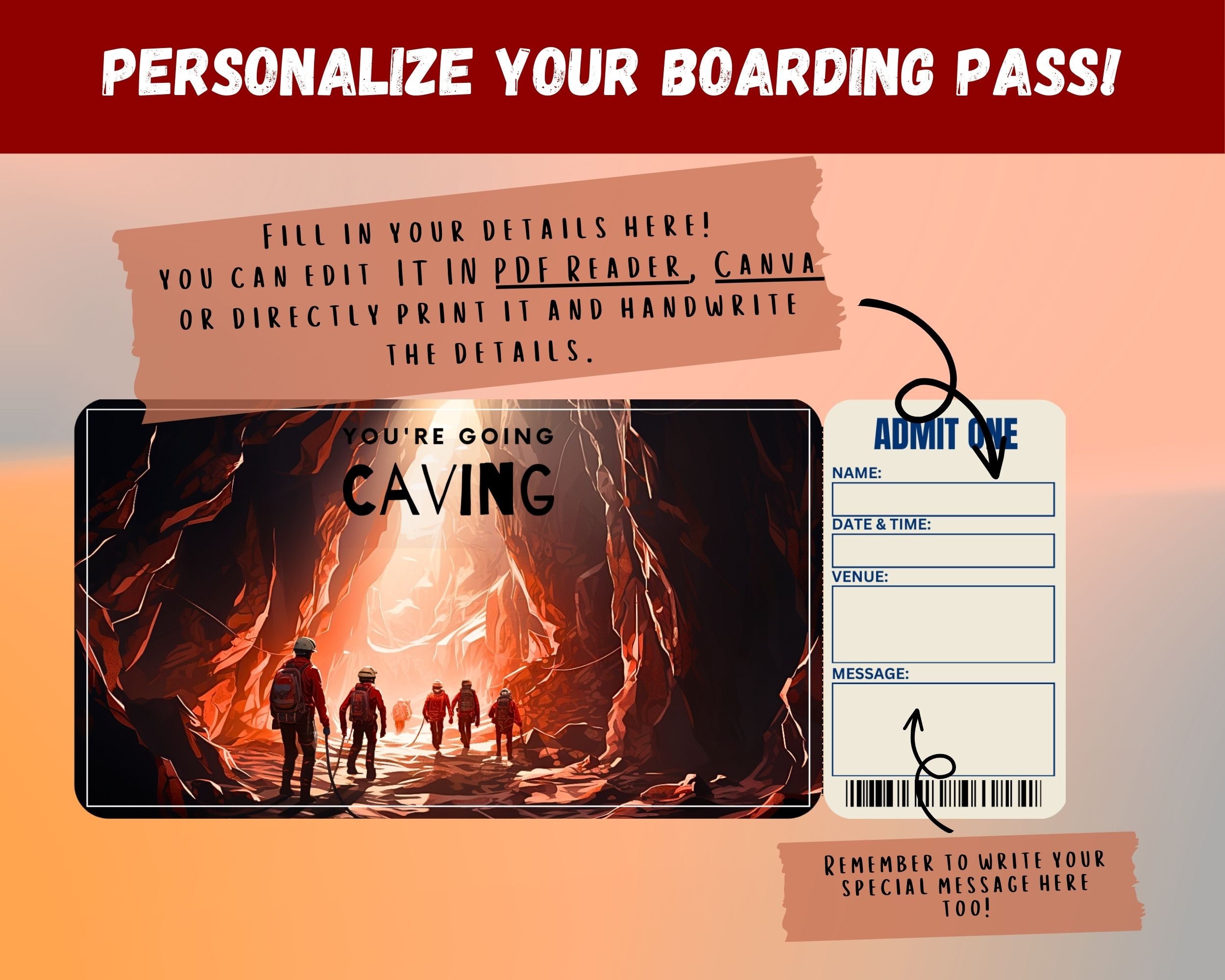 Caving Surprise Gift Ticket Sie gehen CAVING Printable, Pass, Editable ...