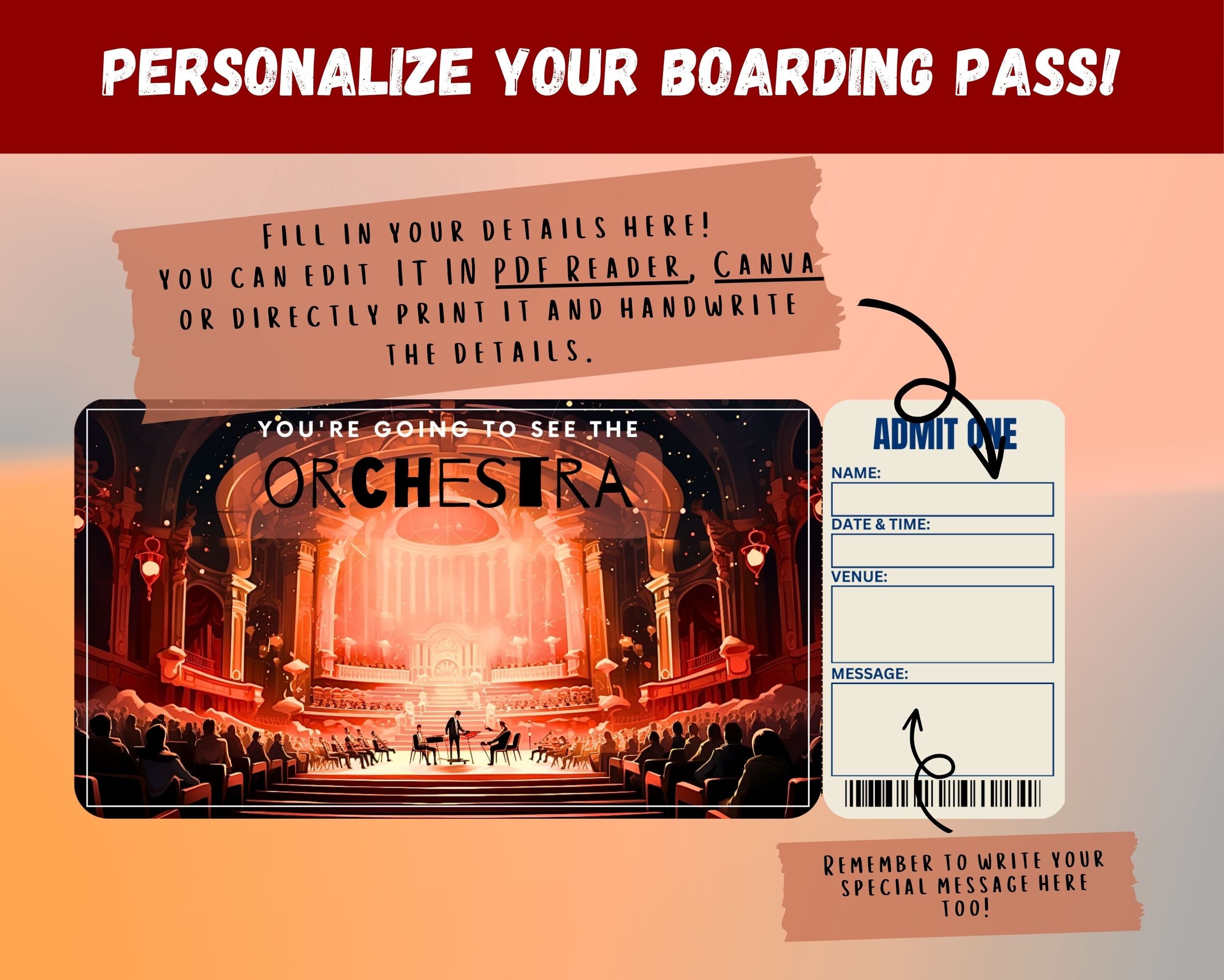 Editable Orchestra Gift Ticket: Printable Surprise Pass (instant ...