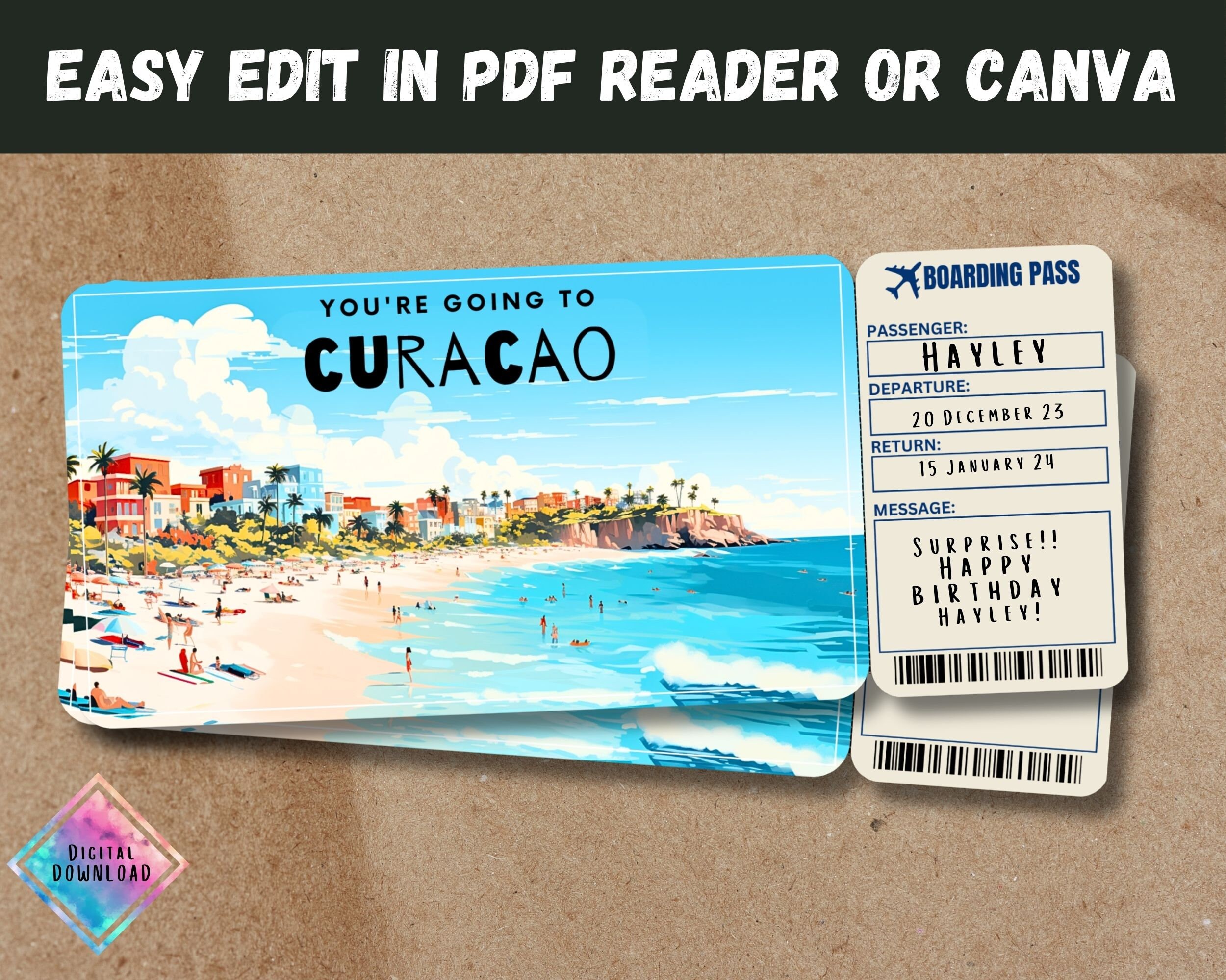Curacao Trip Surprise Gift Ticket: Editable Boarding Pass (digital ...