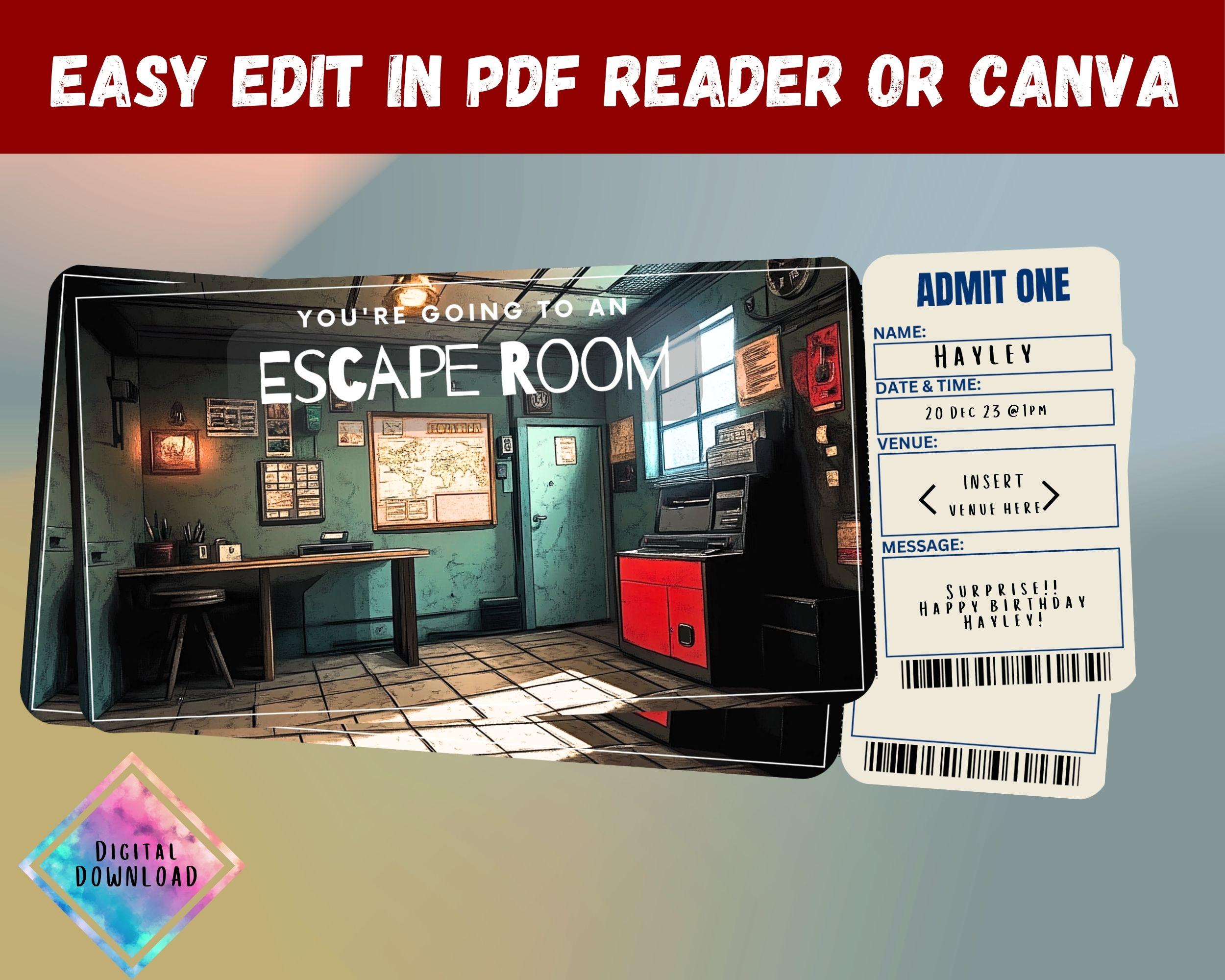 Editable Escape Room Ticket: Surprise Gift Invitation (digital Download ...