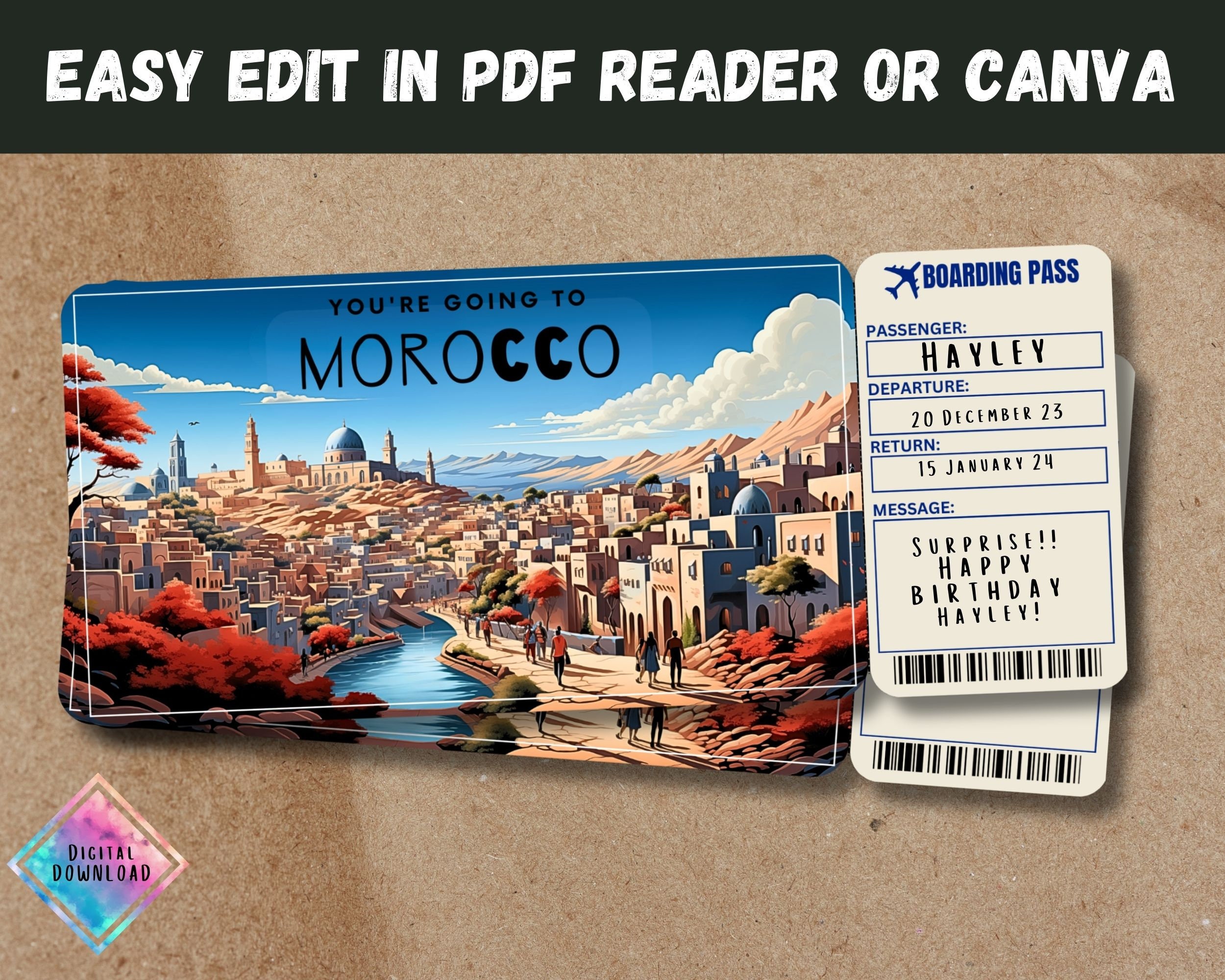 Morocco Trip Surprise Gift Ticket You're Going to MOROCCO Printable ...