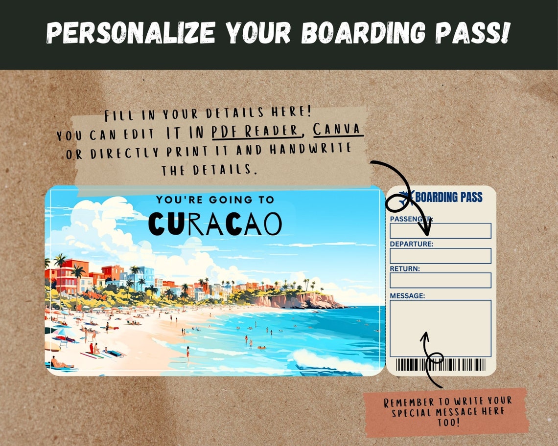 Curacao Trip Surprise Gift Ticket: Editable Boarding Pass (digital ...