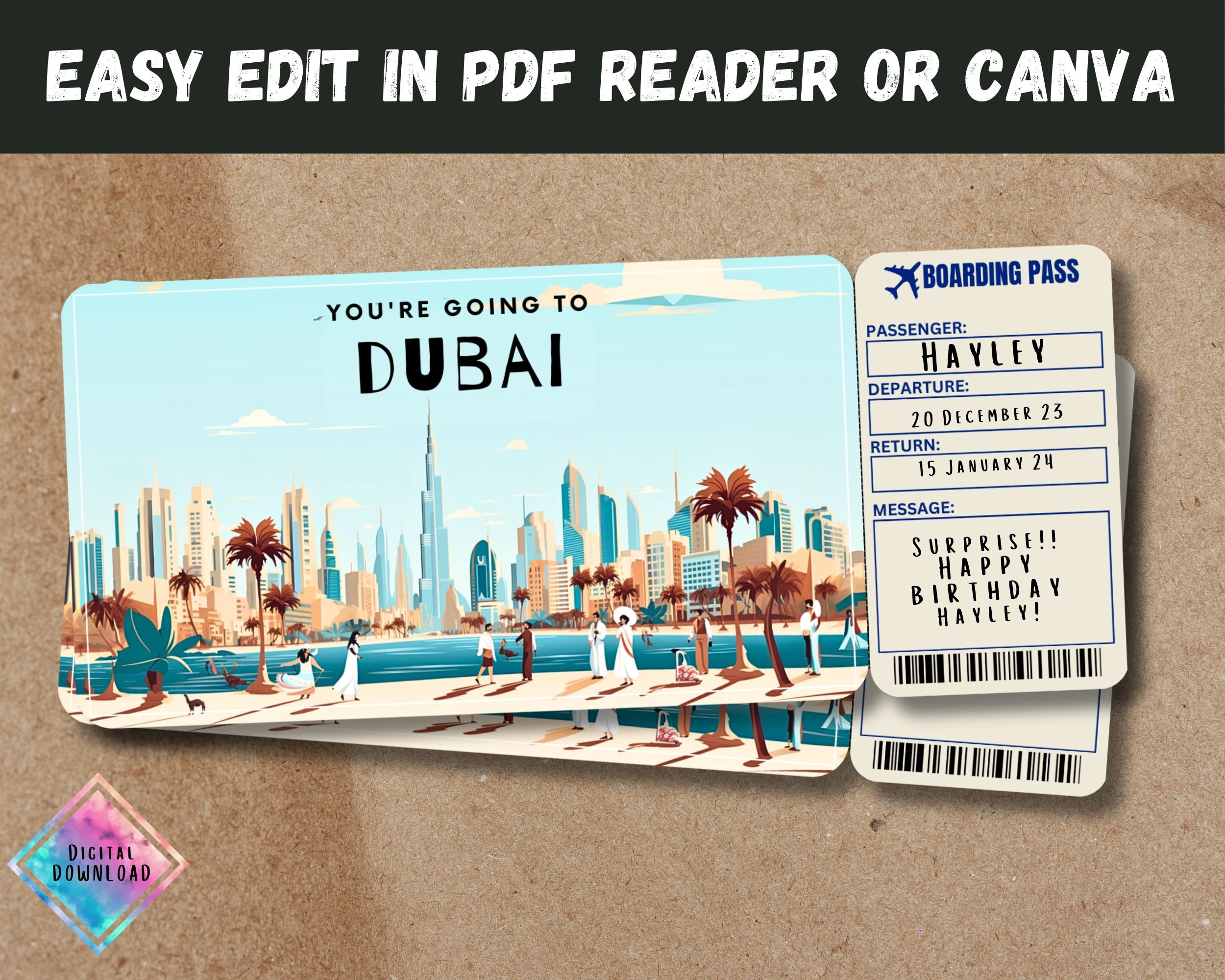 Dubai, UAE Trip Surprise Gift Ticket You're Going to DUBAI Printable ...