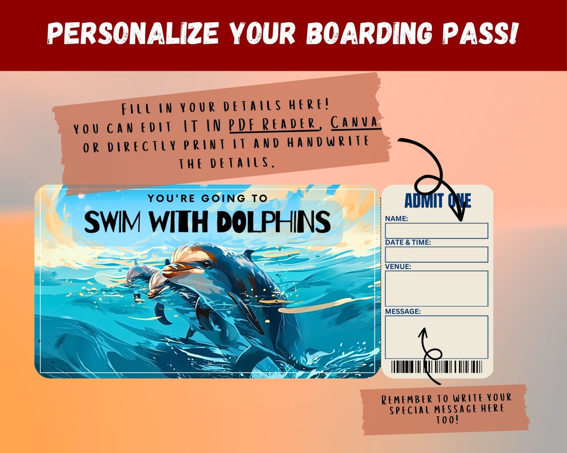 Swim With Dolphins Gift Ticket: Editable Surprise Pass (printable) - Etsy