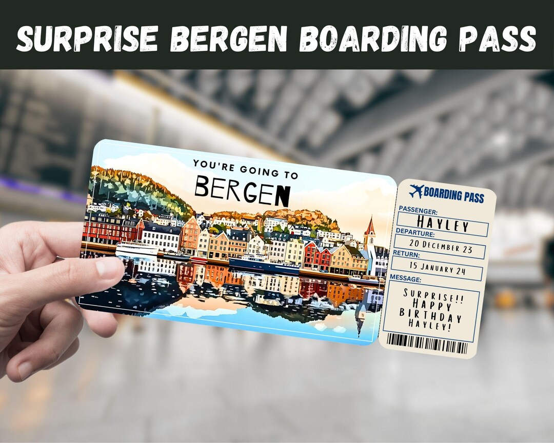 Bergen Norway Trip Surprise Gift Ticket: Editable Boarding Pass ...