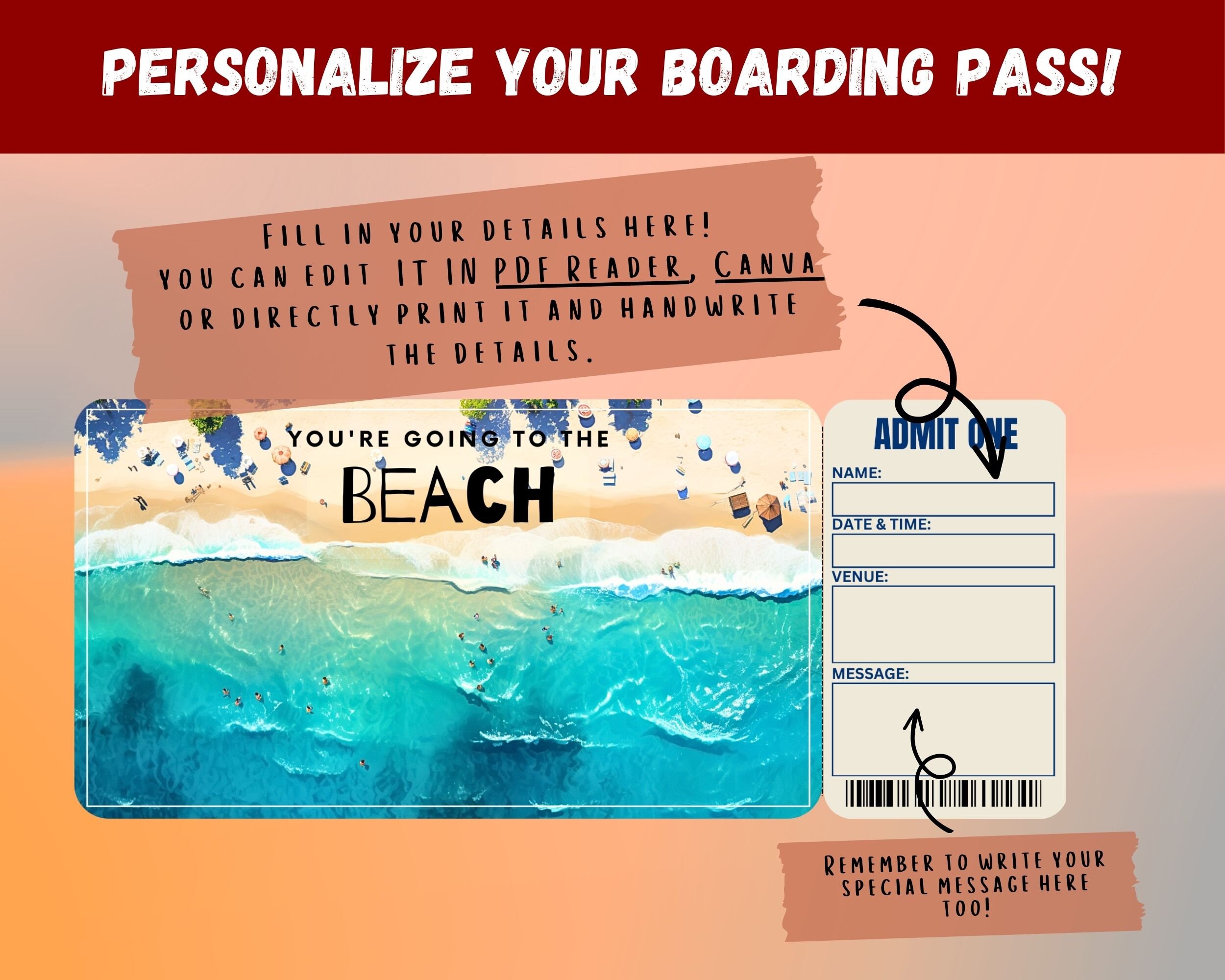 Beach Surprise Gift Ticket You're Going to the BEACH Printable, Pass ...