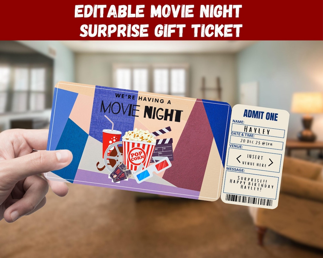 Editable Movie Night Gift Ticket: Printable Surprise Invitation ...