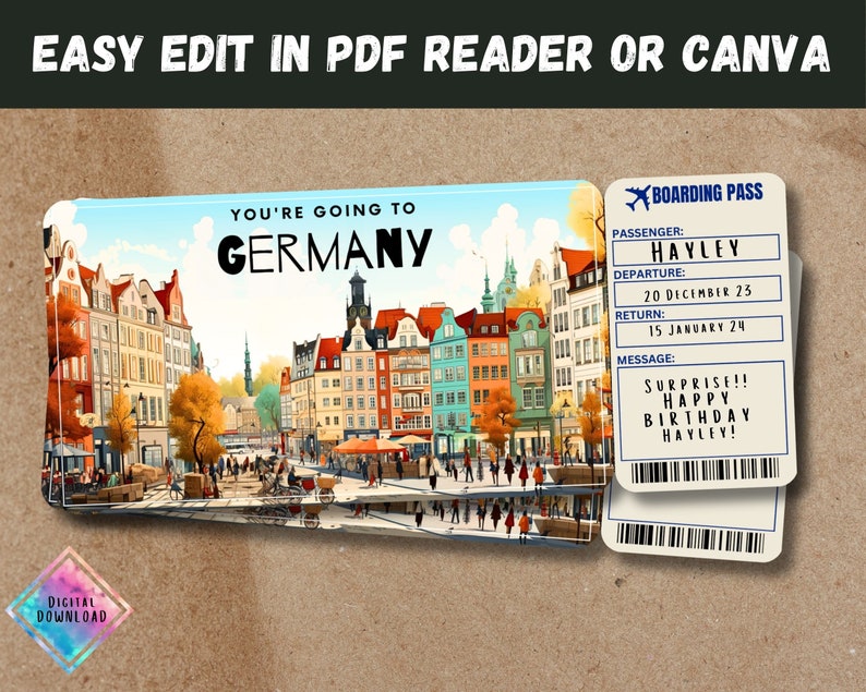 Germany Trip Surprise Gift Ticket - You're Going to GERMANY - Printable ...