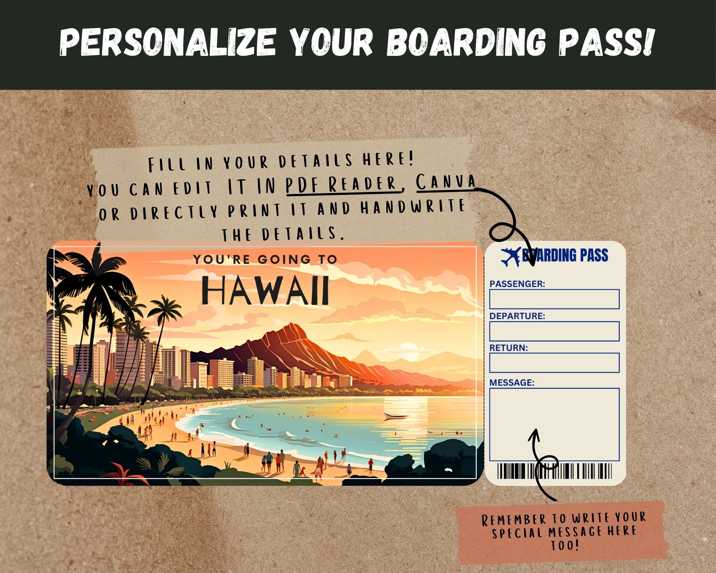 Hawaii USA Trip Surprise Gift Ticket You're Going to HAWAII Printable ...