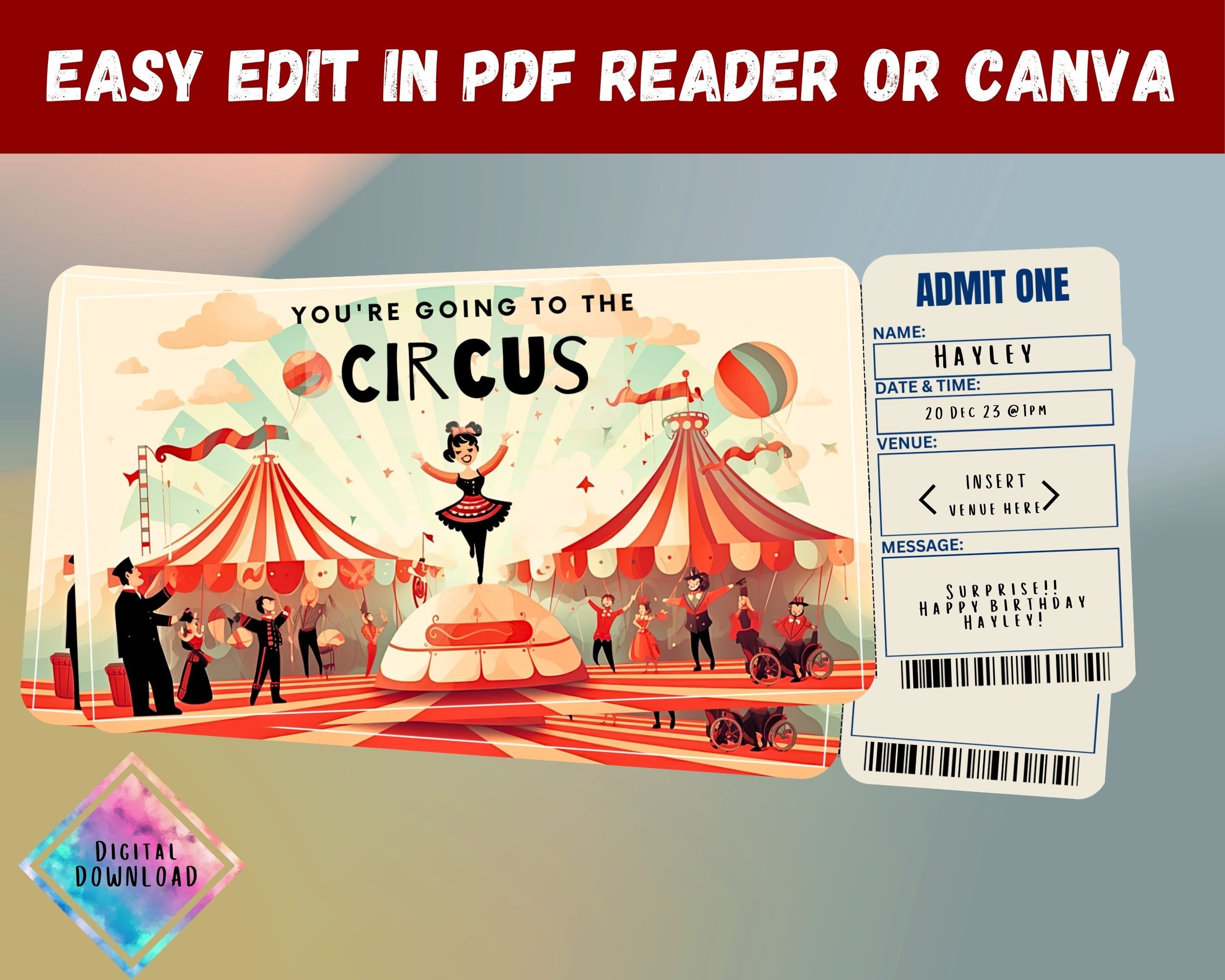 Circus Surprise Gift Ticket You're Going to the CIRCUS Printable, Pass ...