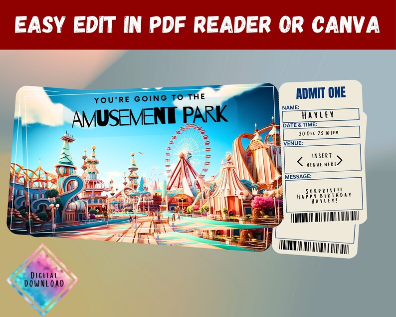 Amusement Park Surprise Gift Ticket: Editable Printable Invitation (PDF ...
