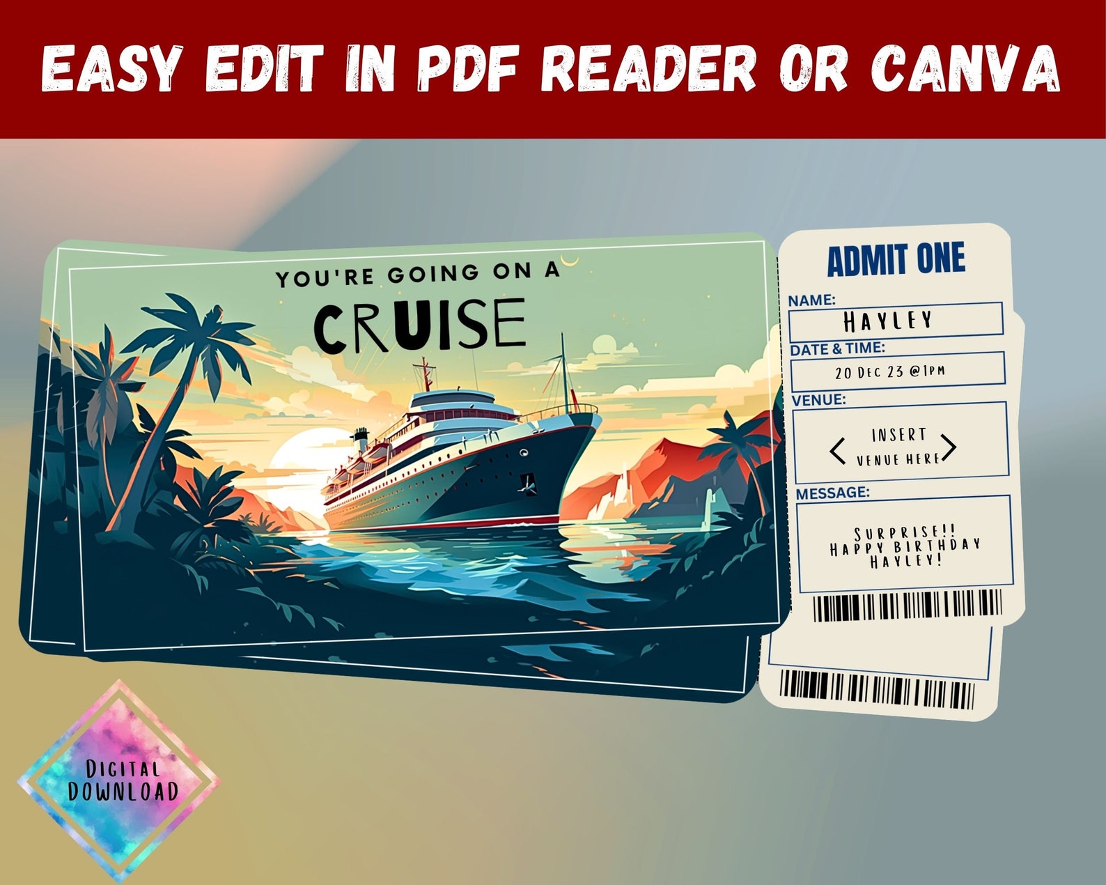 Cruise Surprise Gift Ticket You're Going on a CRUISE Printable, Pass ...