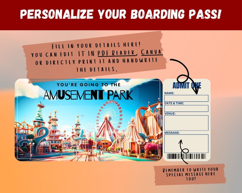 Amusement Park Surprise Gift Ticket: Editable Printable Invitation (PDF ...