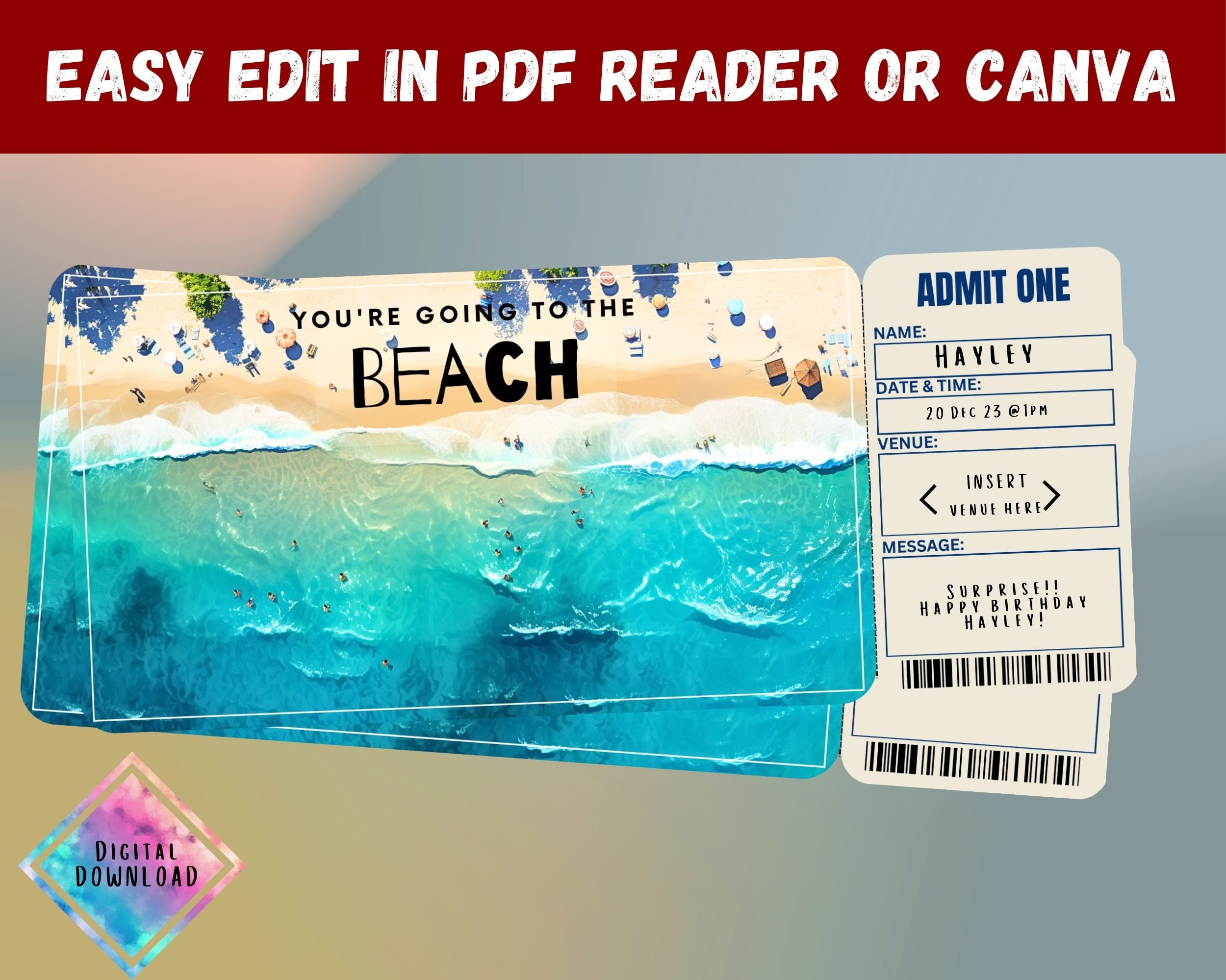 Beach Surprise Gift Ticket You're Going to the BEACH Printable, Pass ...