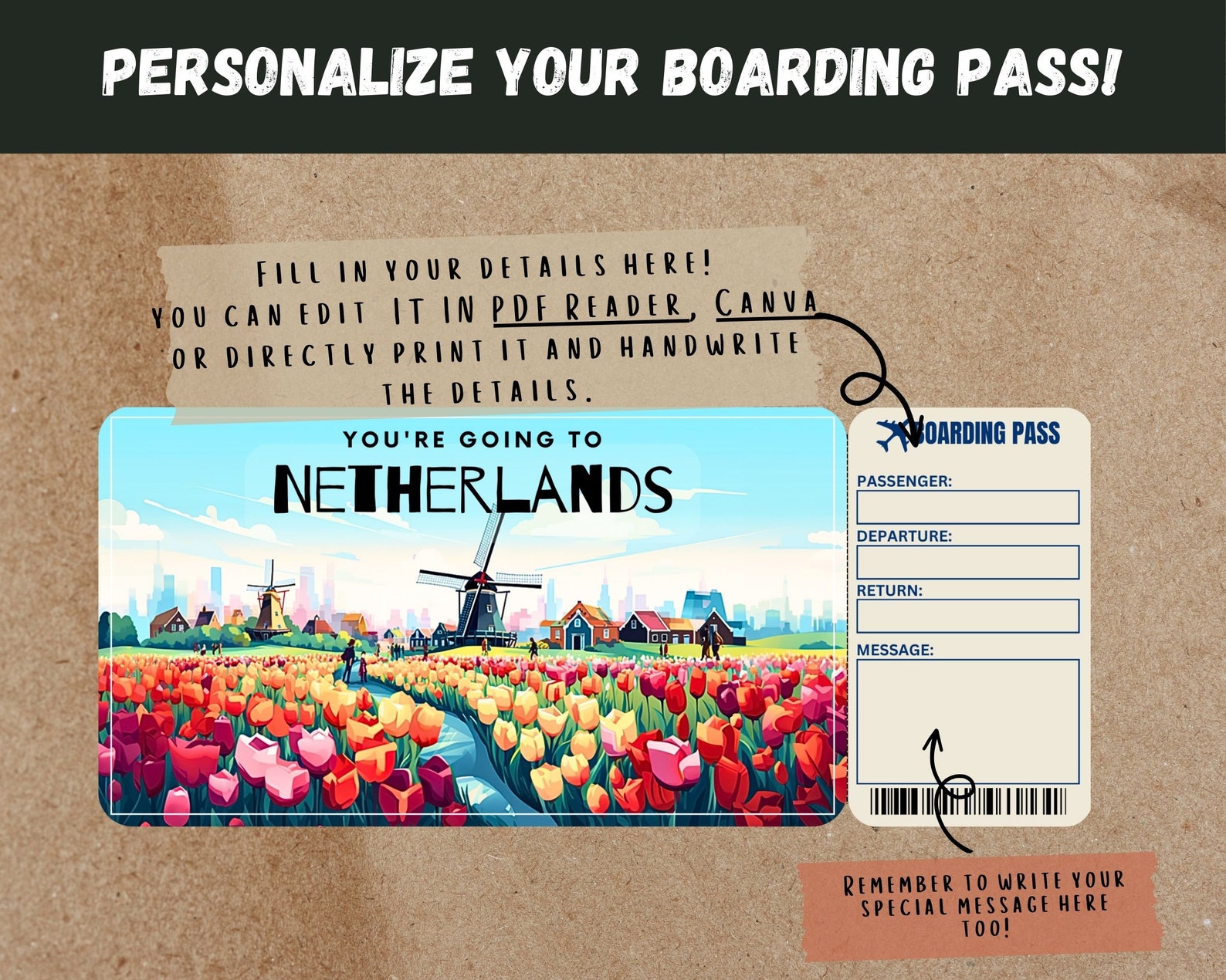 Netherlands Trip Surprise Gift Ticket: Editable Boarding Pass ...