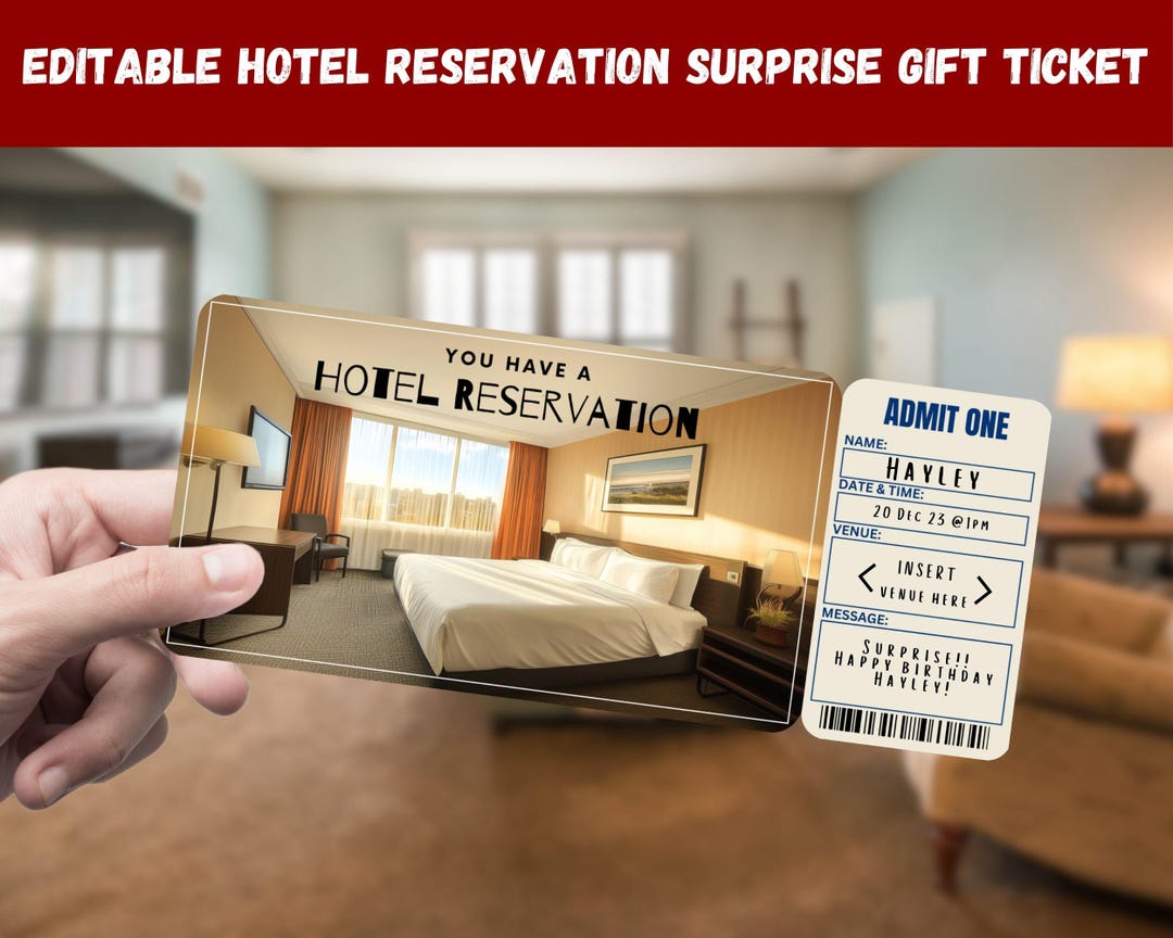 Hotel Reservation Surprise Gift Ticket: Editable Travel Invitation ...