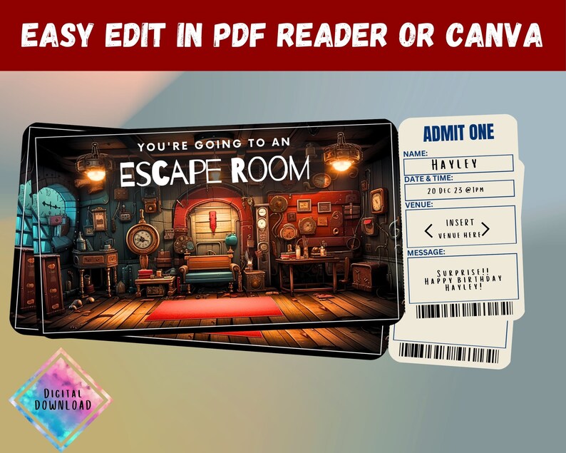 Escape Room Surprise Gift Ticket: Editable Printable Pass (digital ...
