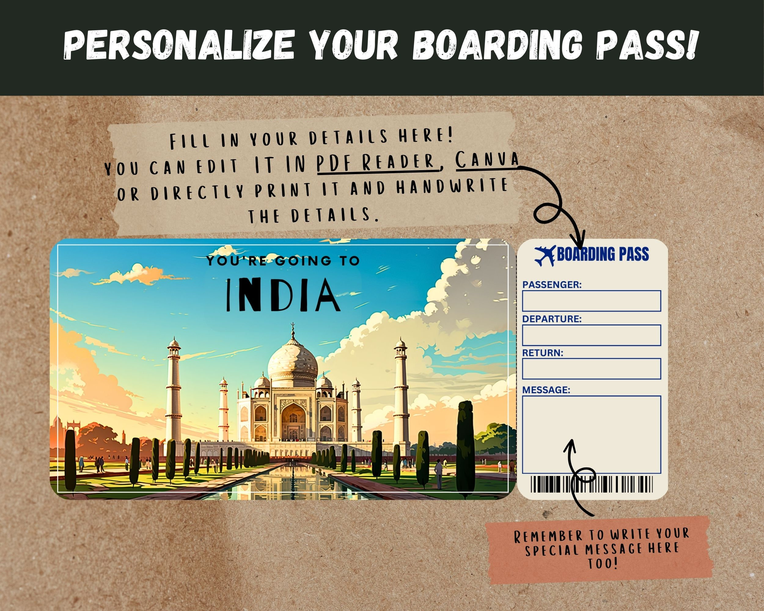 India Trip Surprise Boarding Pass Ticket: Editable Travel Gift (digital ...