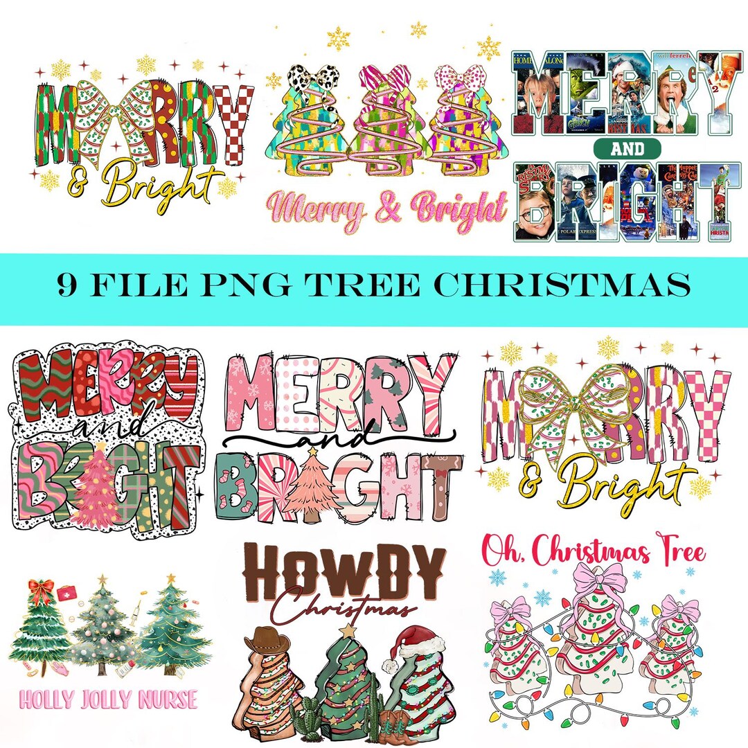 Preppy Christmas Tree Bundle PNG, Floral Brushstroke Christmas Tree Bow ...