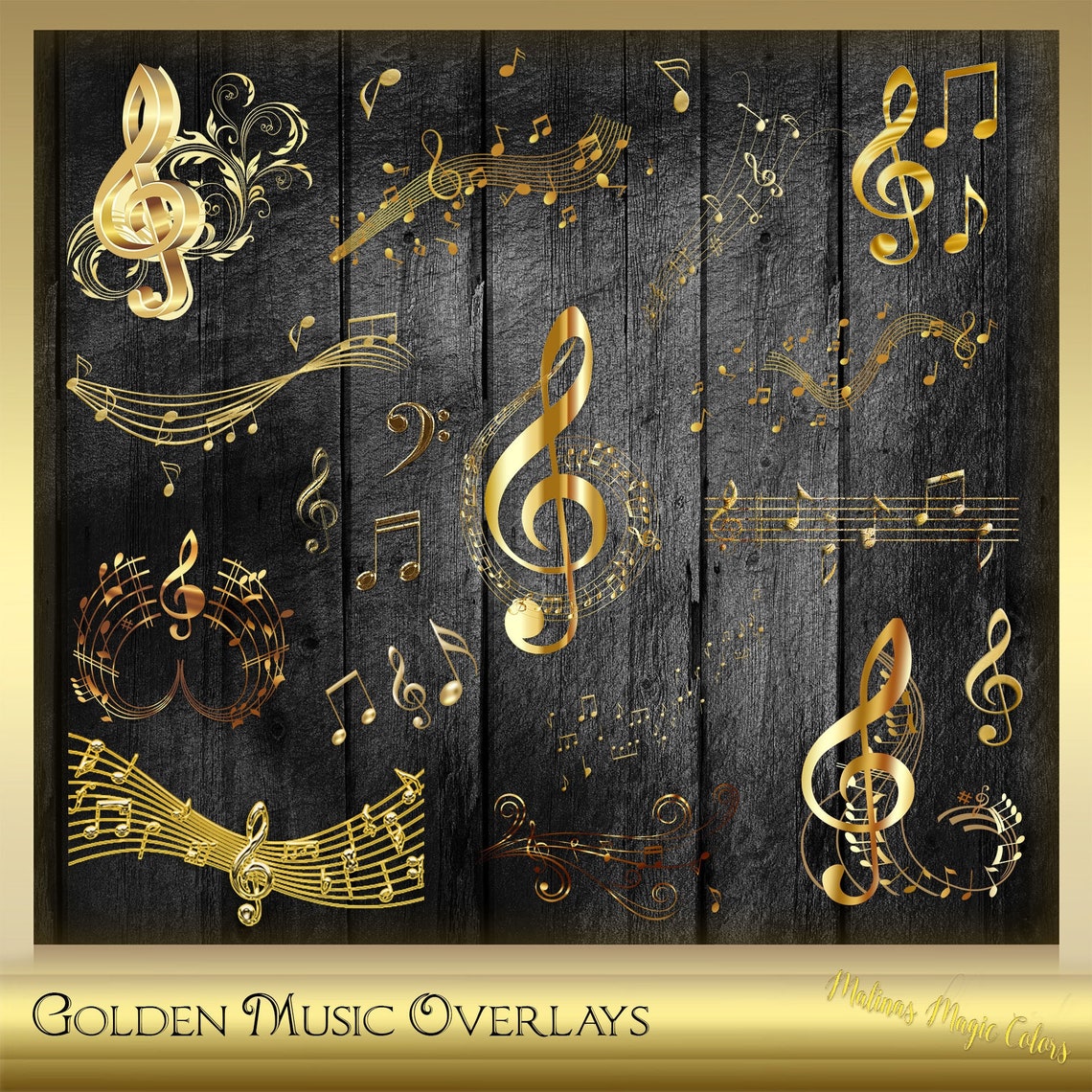 20 Golden Music Overlays - Music Note Clip Art - Golden Musical Notes ...