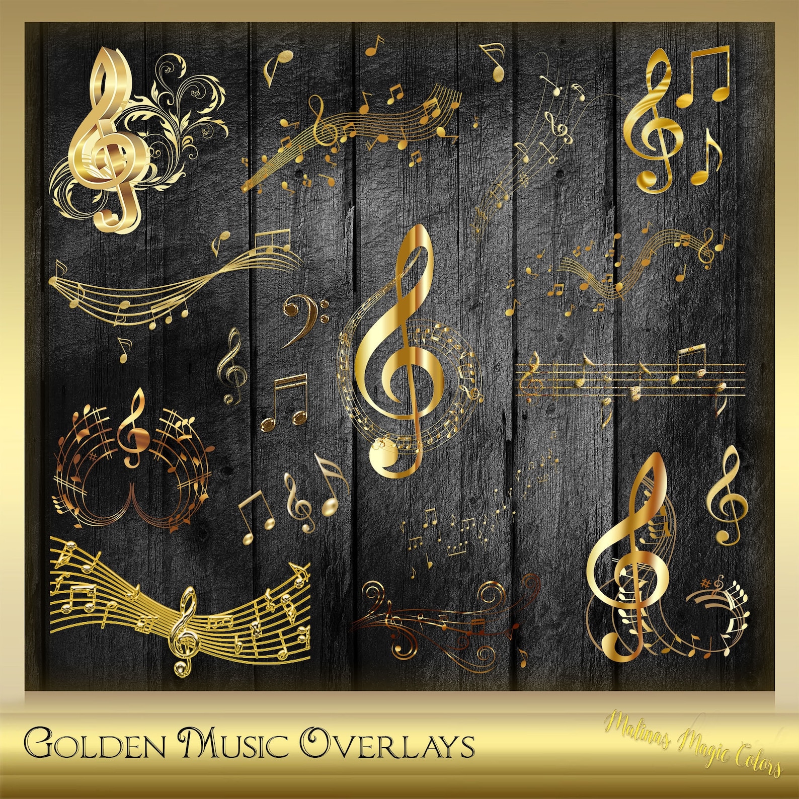 20 Golden Music Overlays - Music Note Clip Art - Golden Musical Notes ...