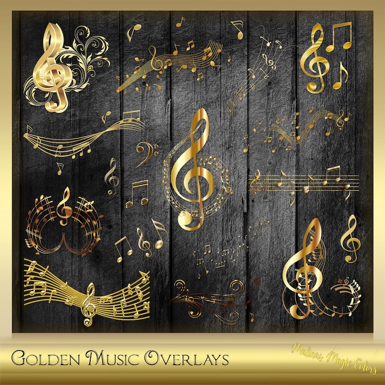 20 Golden Music Overlays - Music Note Clip Art - Golden Musical Notes ...