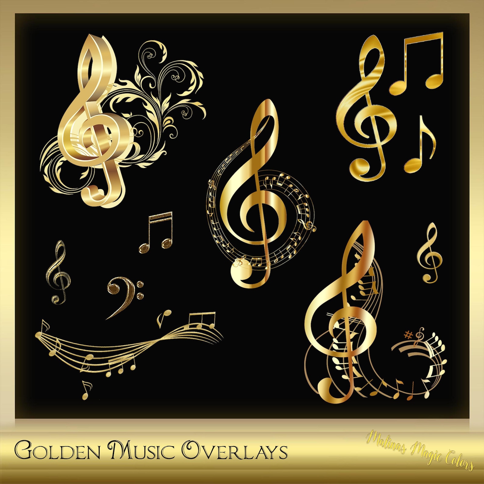 20 Golden Music Overlays - Music Note Clip Art - Golden Musical Notes ...