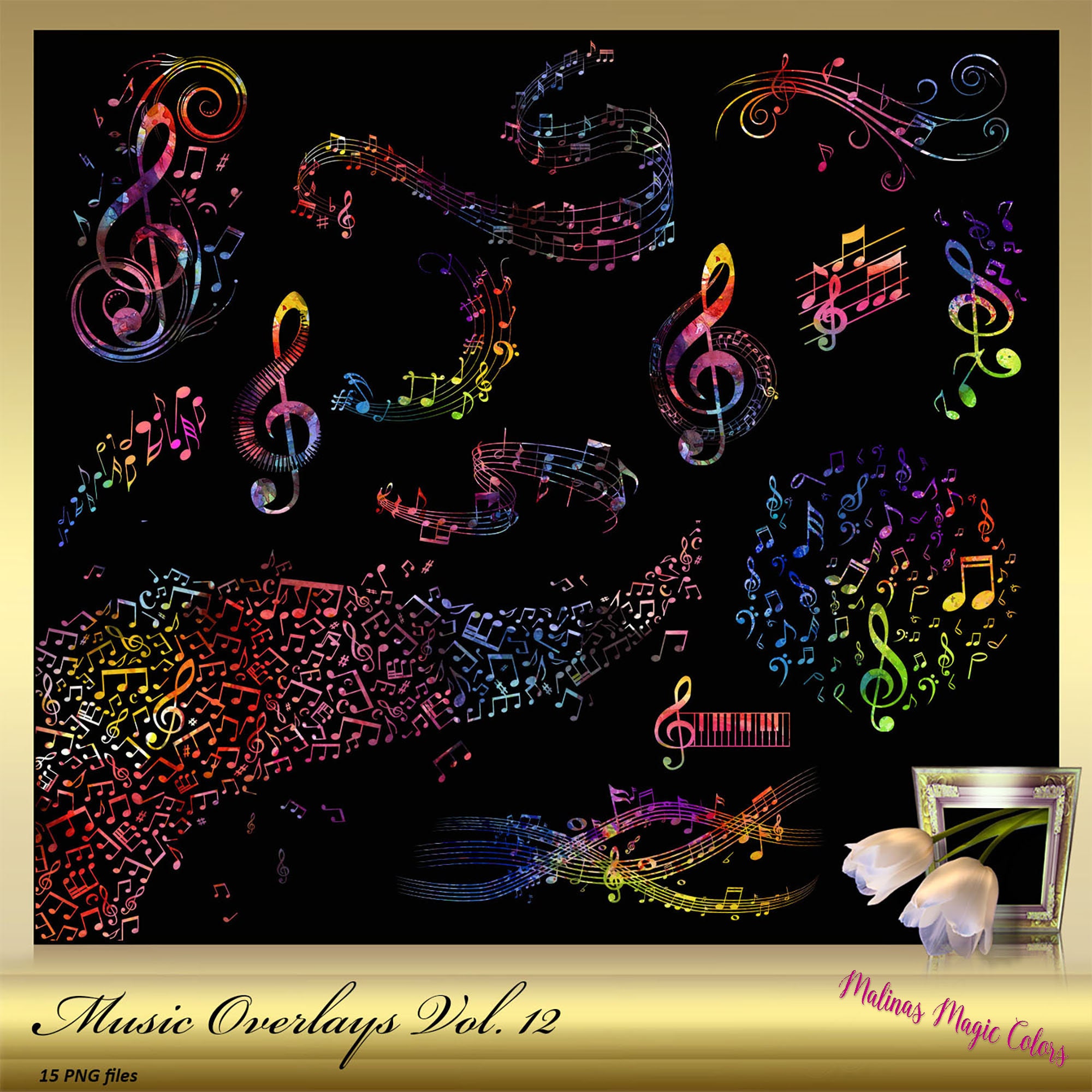 15 Music Overlays Vol. 12 - Music Note Clip Art - Colorful Musical ...