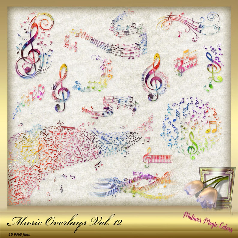 15 Music Overlays Vol. 12 - Music Note Clip Art - Colorful Musical ...
