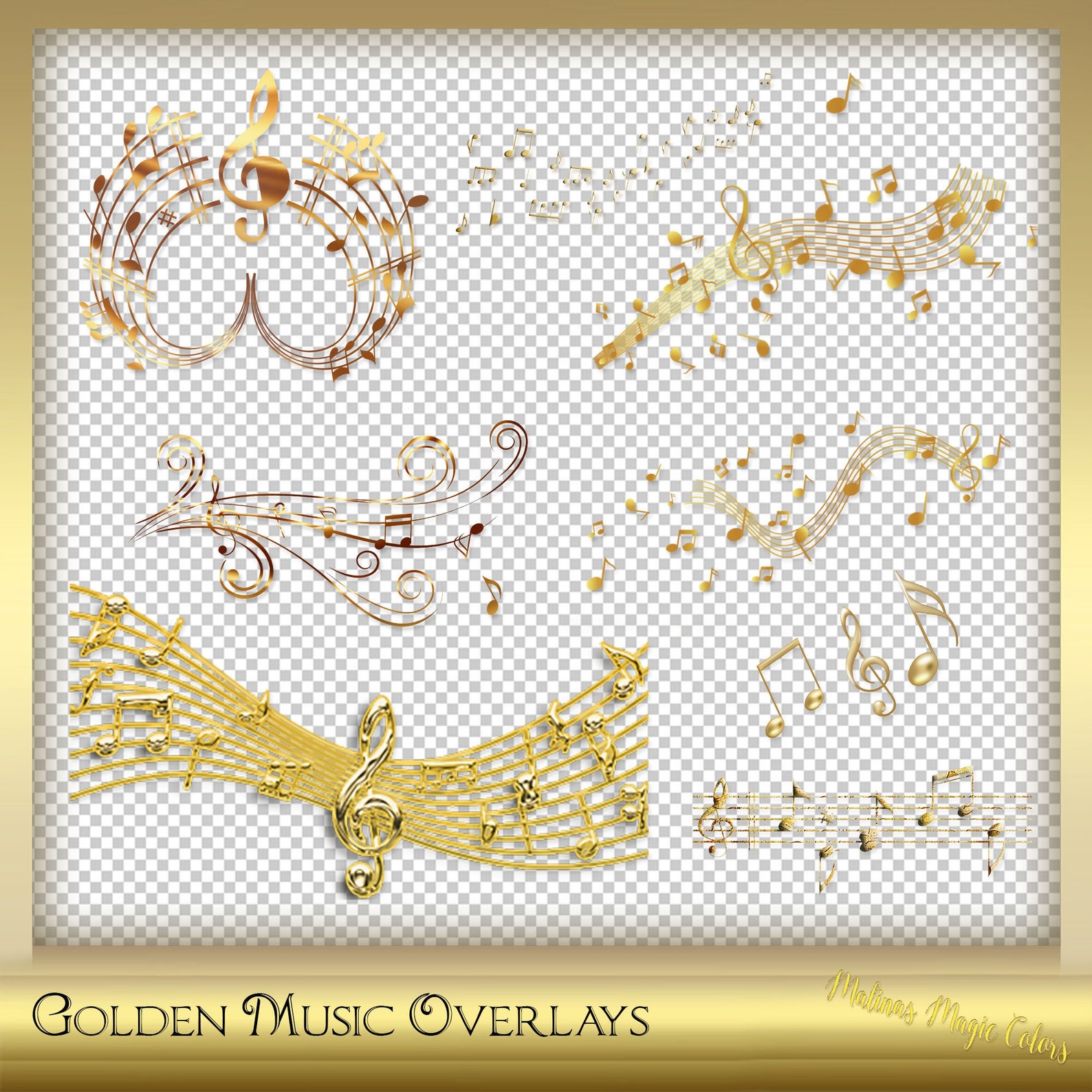 20 Golden Music Overlays - Music Note Clip Art - Golden Musical Notes ...