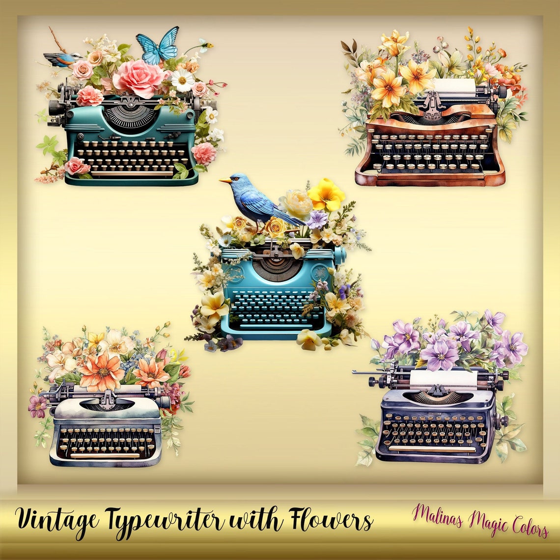Vintage Typewriter With Flowers Floral Typewriter Clipart Watercolor ...